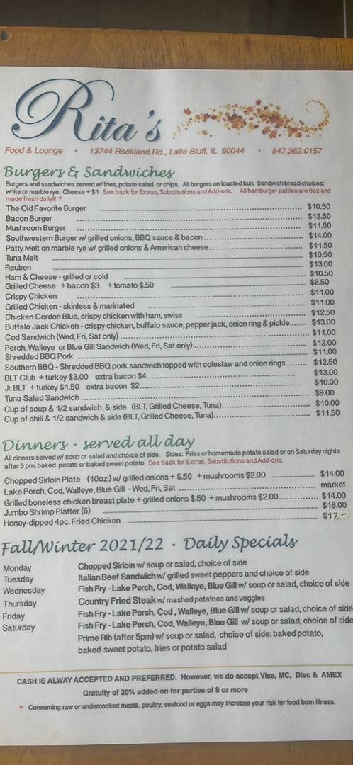 Menu at Rita's Bar & Grill, Lake Bluff