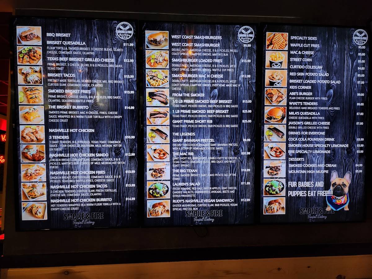 Menu at Smoke and Fire Social Eatery BBQ, Riverside
