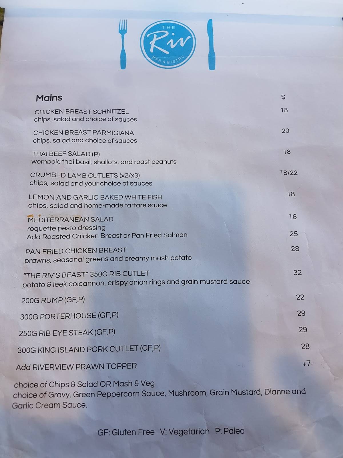 Menu at Riverview Hotel restaurant, South Murwillumbah