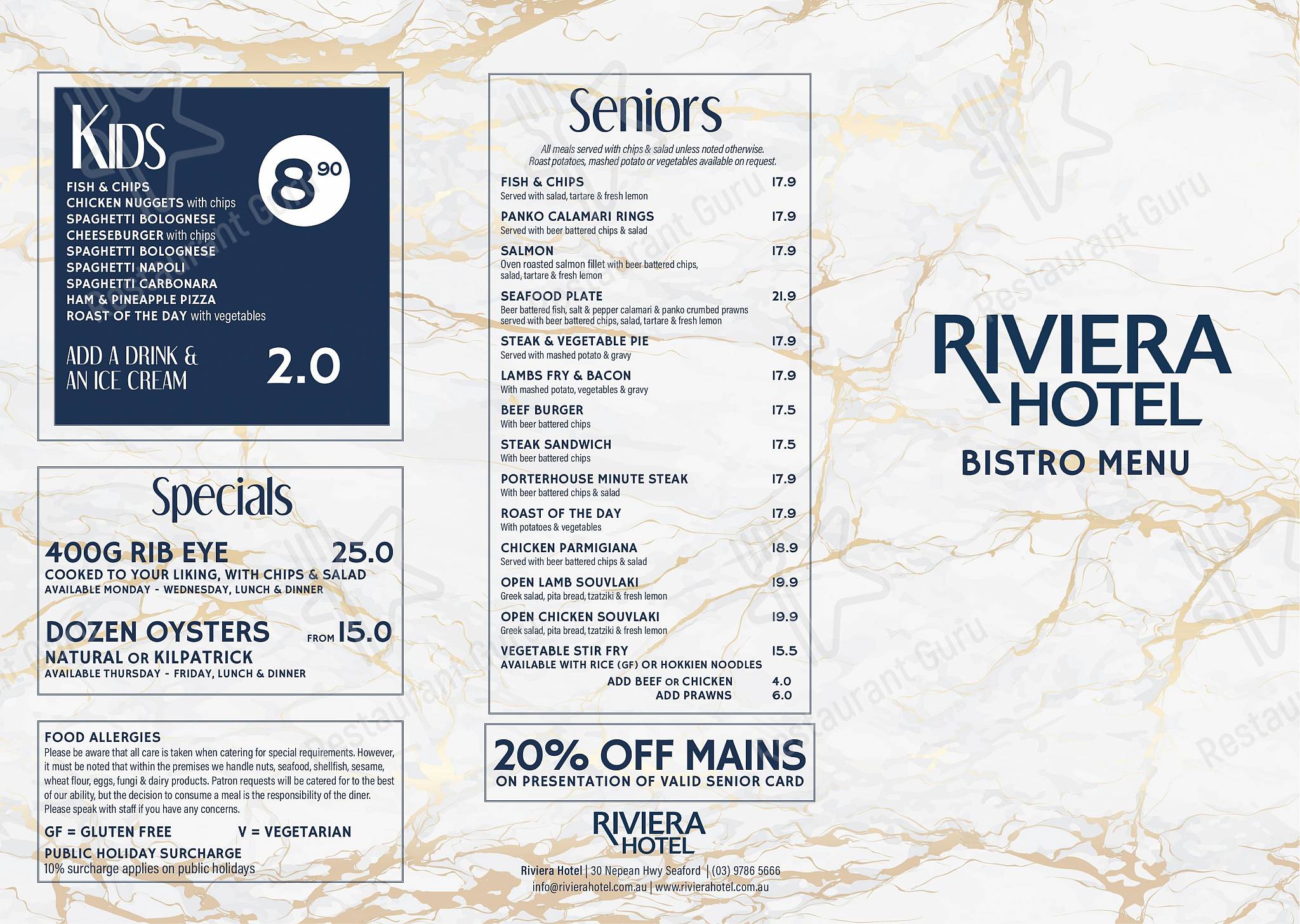 Menu at Riviera Hotel pub & bar, Seaford