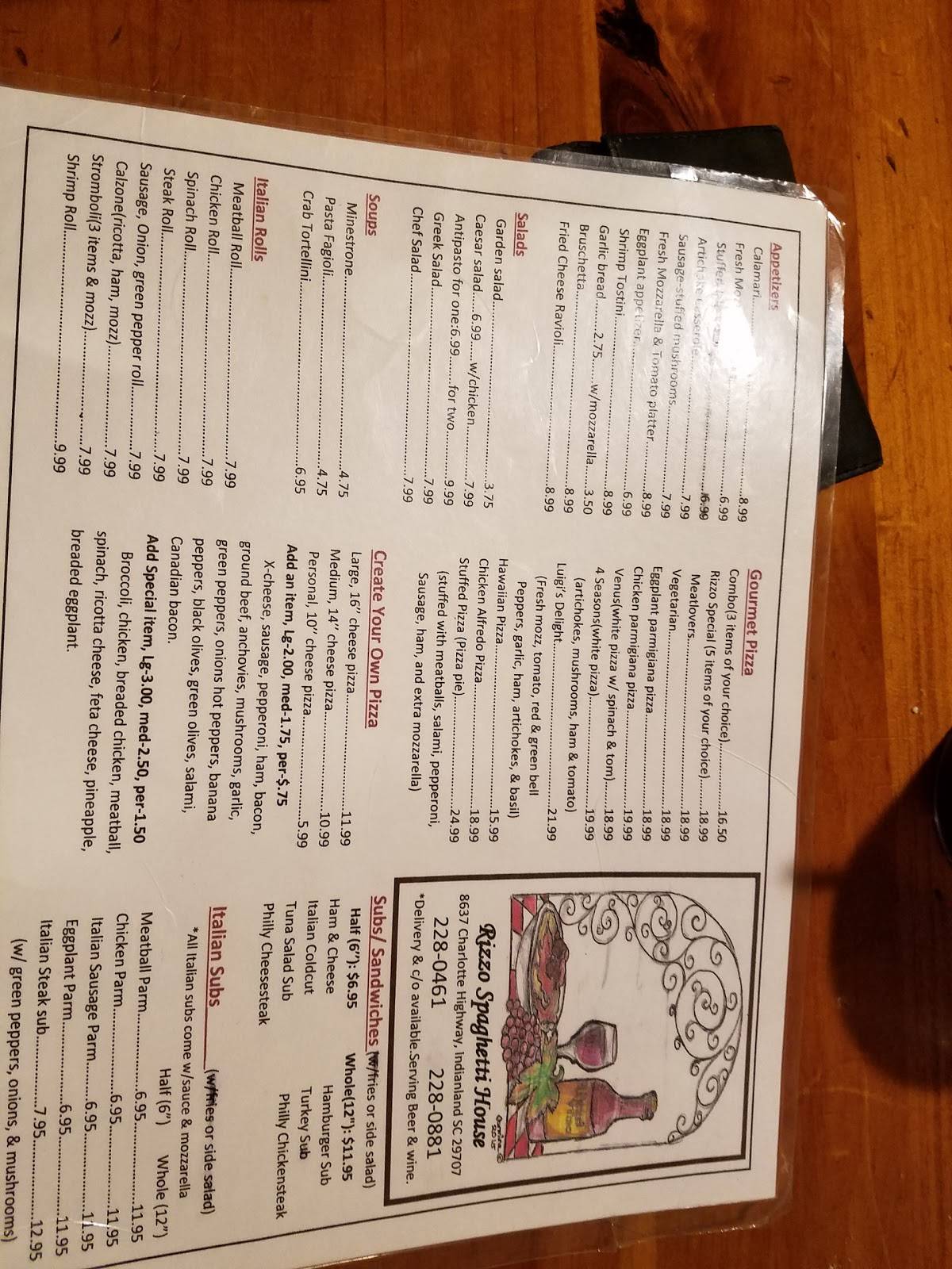 Menu at Rizzo's Spaghetti House pizzeria, Fort Mill, Charlotte Hwy