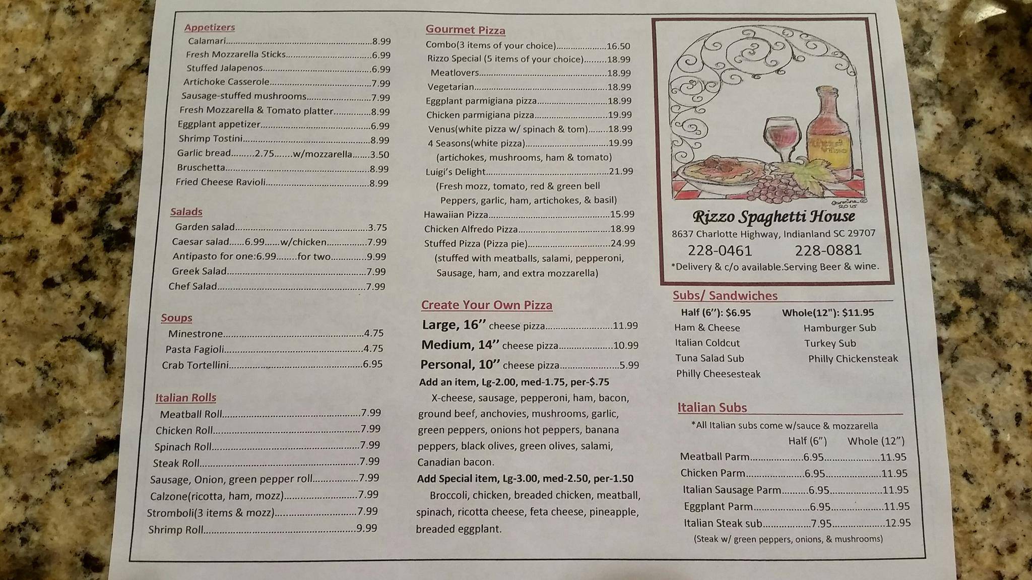 Menu at Rizzo's Spaghetti House pizzeria, Fort Mill, Charlotte Hwy