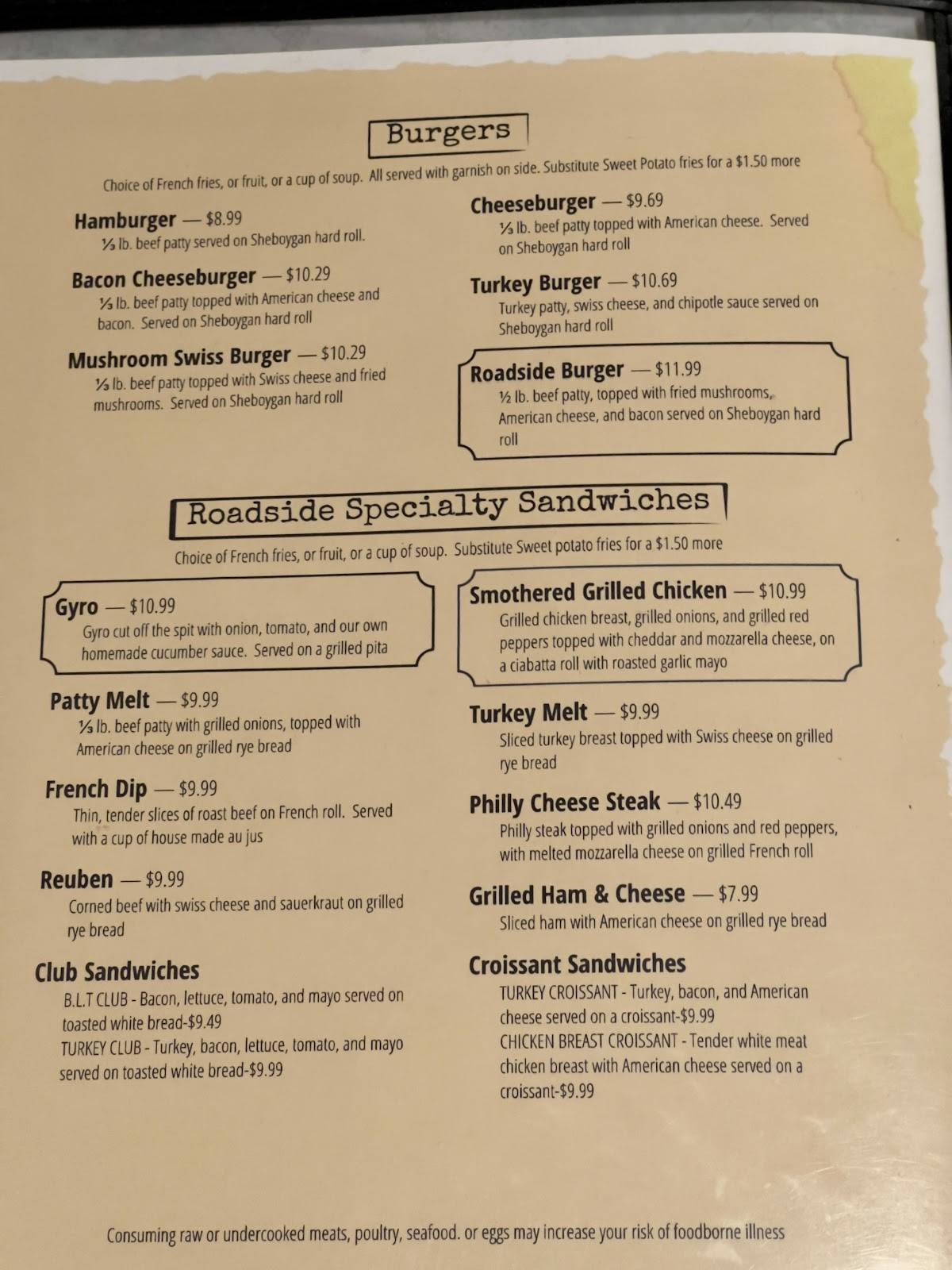 Menu at Roadside Bar & Grill, Plymouth, N5575 WI-57