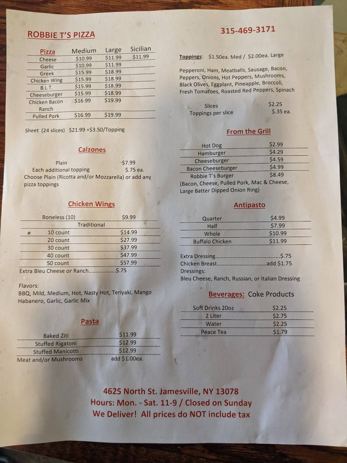 Menu at Robbie T's Pizza pizzeria, Jamesville