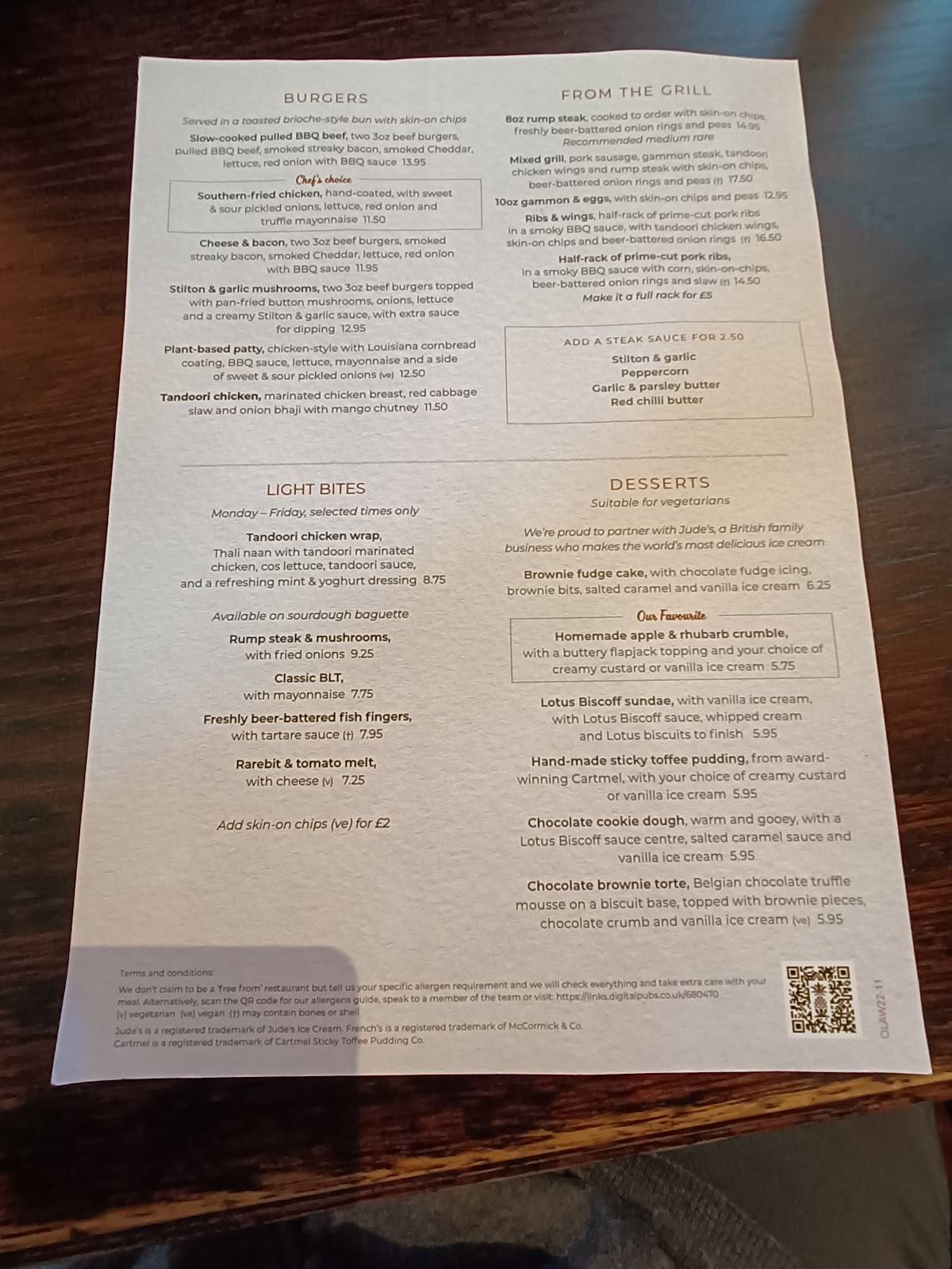 Menu at Robin Hood pub & bar, Leigh