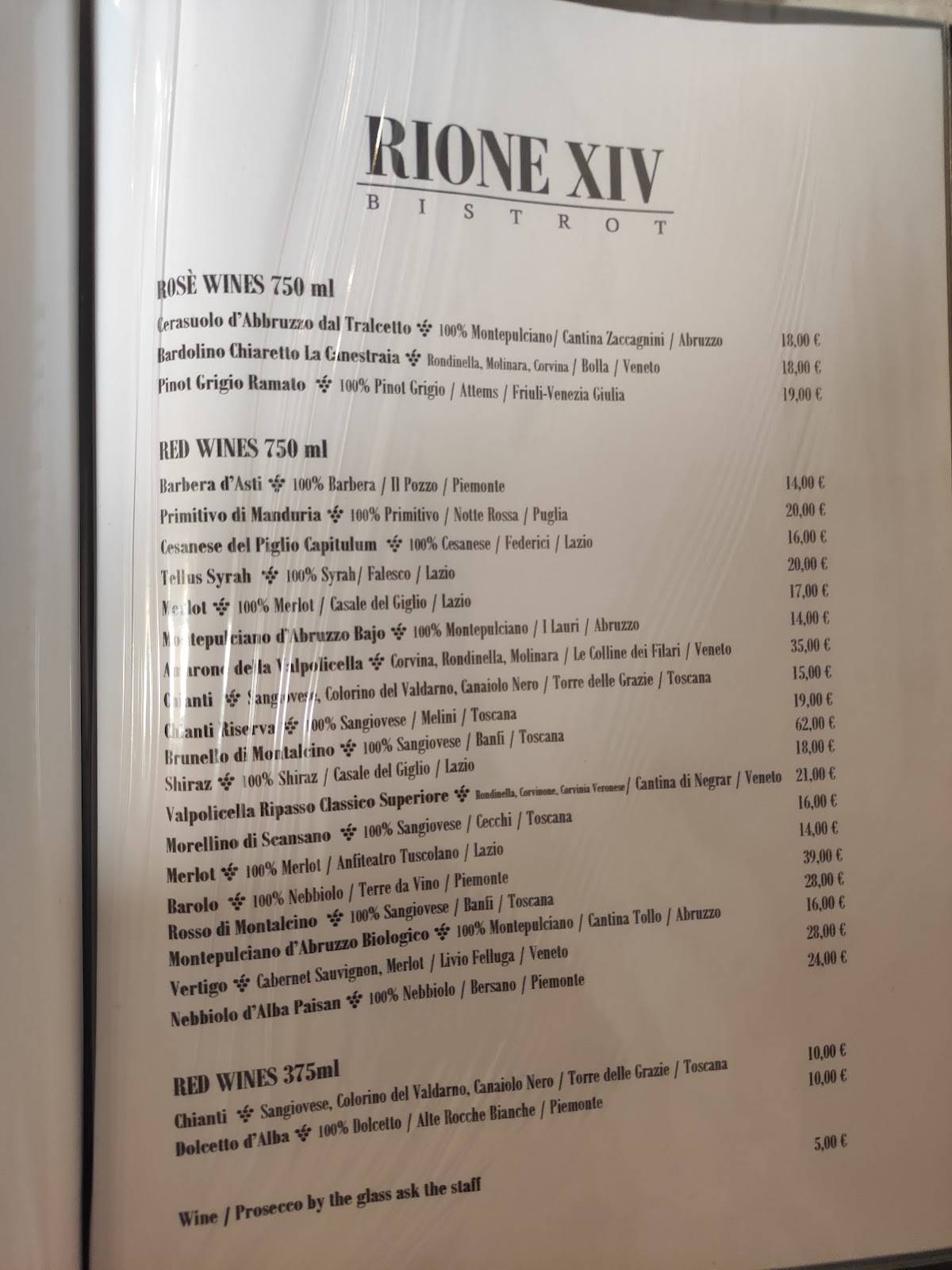 Menu at Rione XIV Bistrot pizzeria, Rome