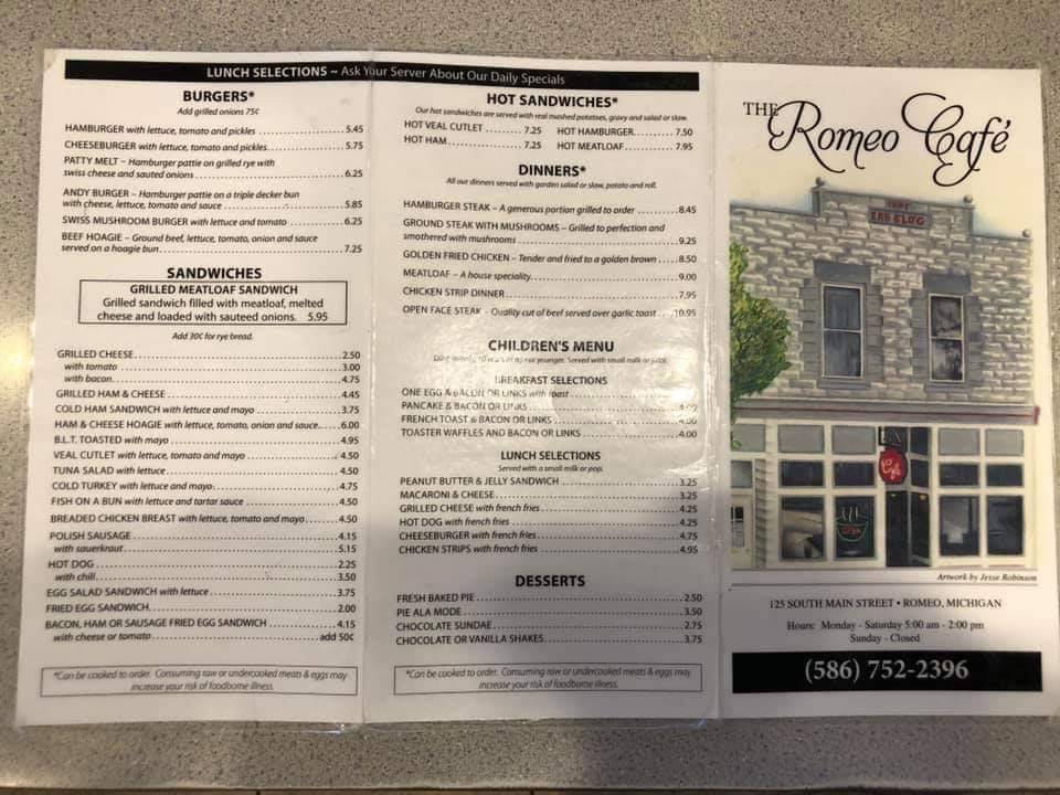 Menu at Romeo Cafe, Romeo