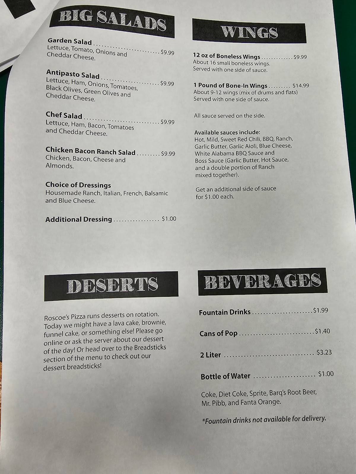 Menu at Roscoe's Pizza pizzeria, Waynesville