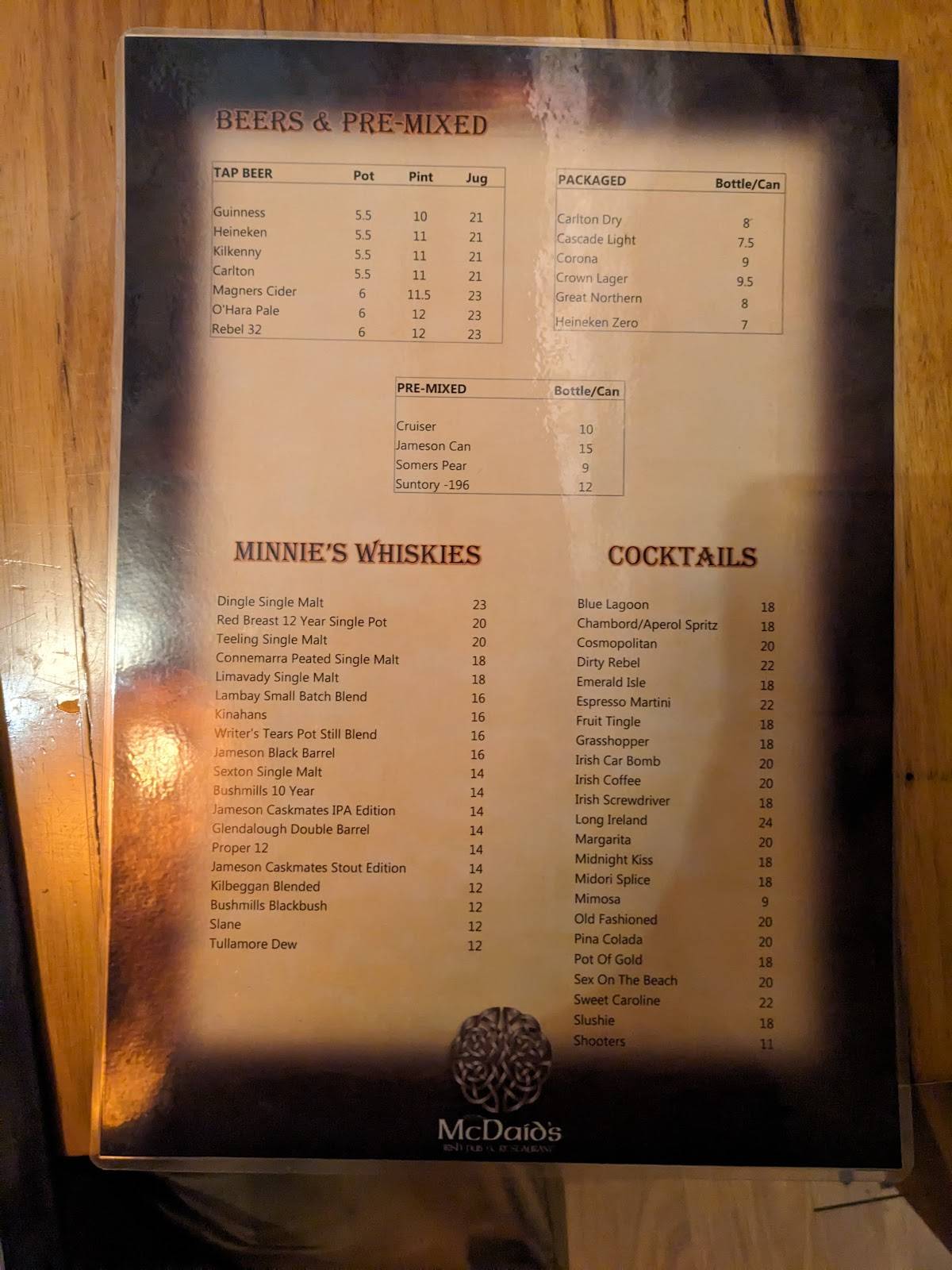 Menu at McDaids Irish Pub, Rosebud