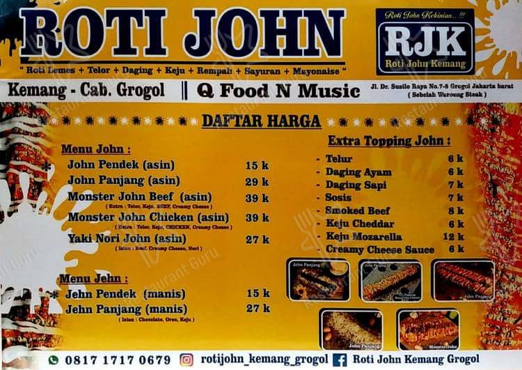 Menu at Roti John, Bandung