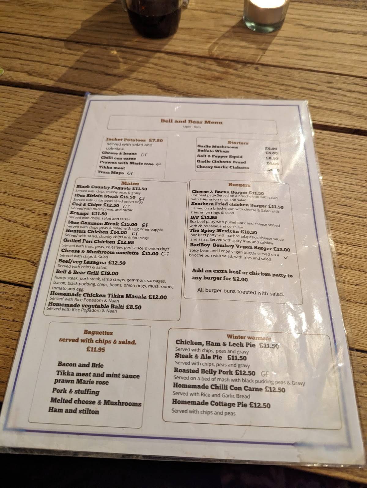 Menu at Bell & Bear Inn pub & bar, Rowley Regis