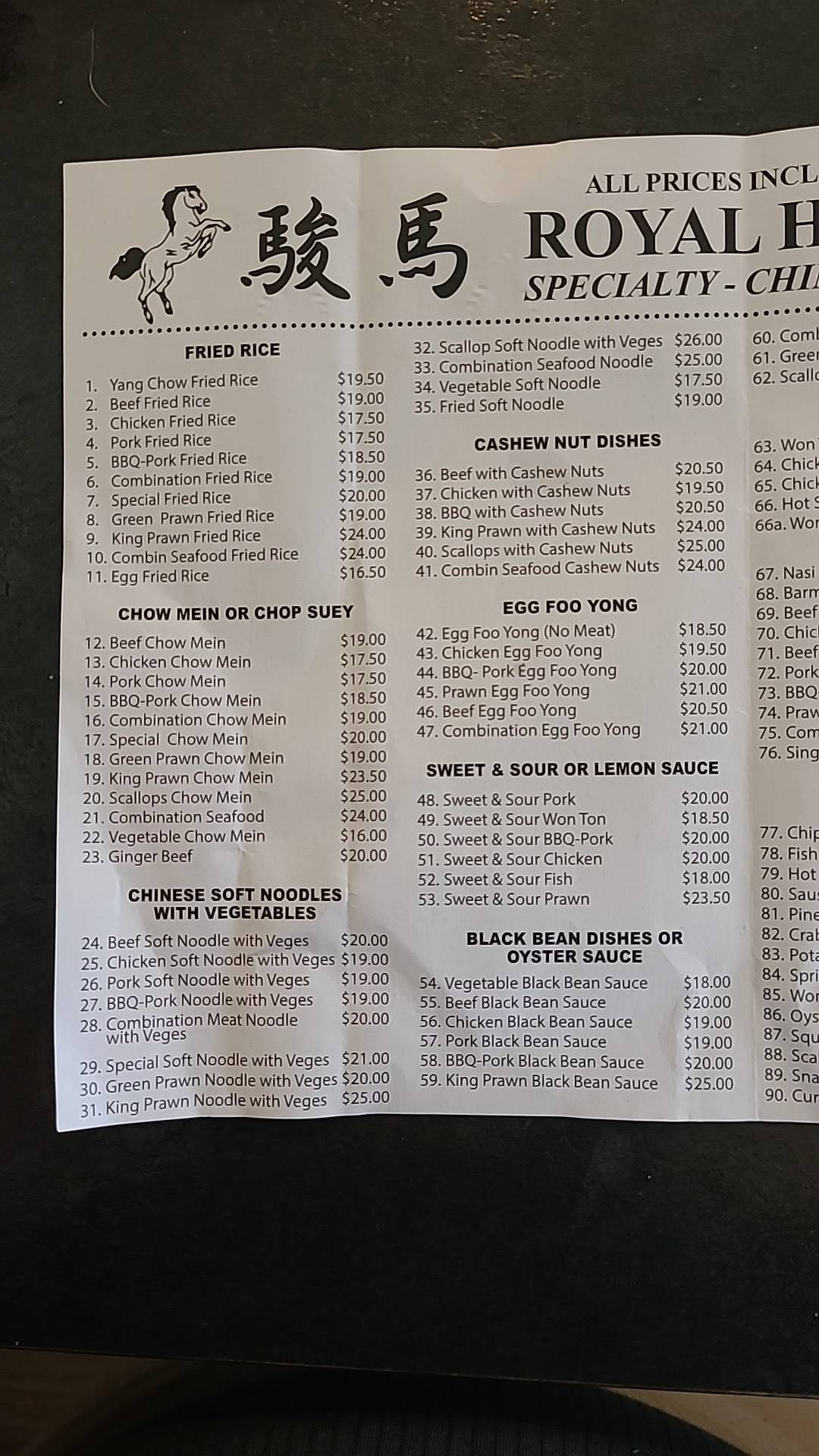 Menu at Royal Horse Restaurant & Takeaways, Pukekohe