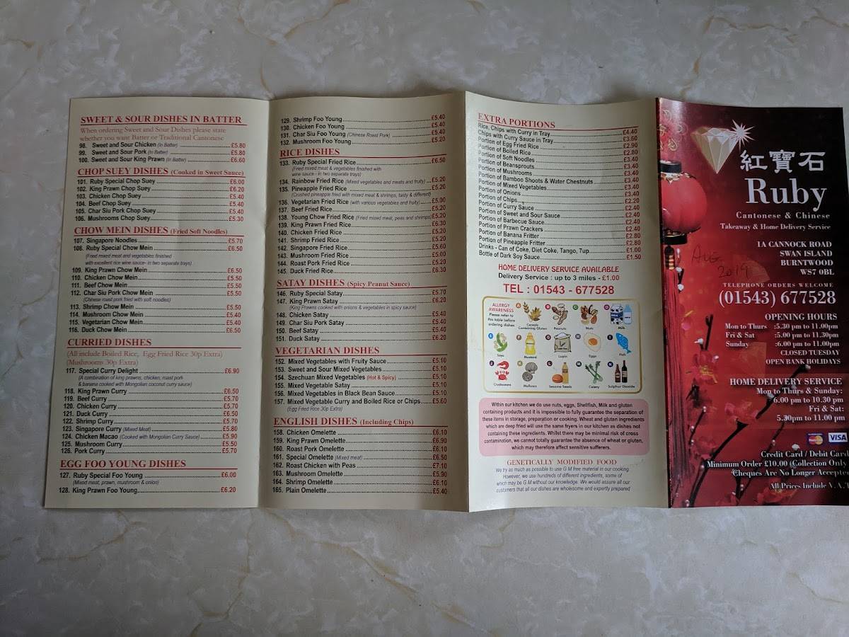 Menu at Ruby Cantonese Burntwood restaurant, Burntwood, 1A Cannock Rd