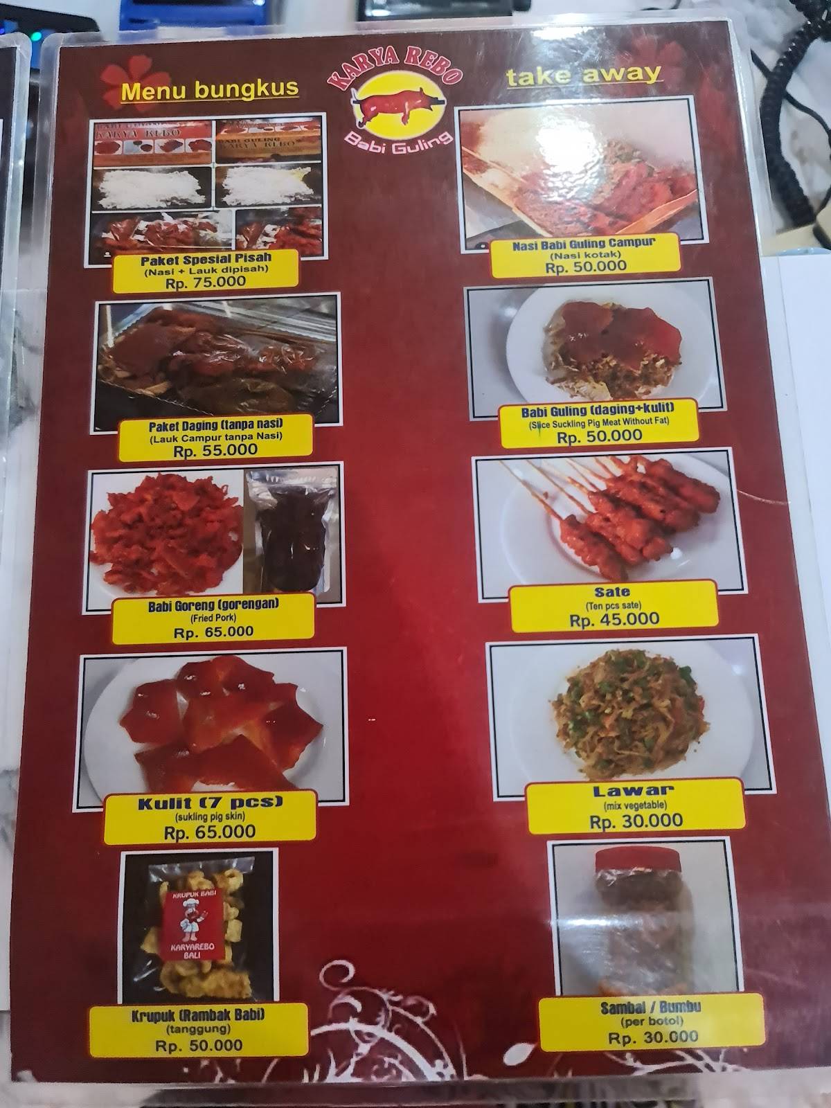Menu at Rumah Makan Babi Guling Karya Rebo restaurant, Jimbaran, Jl ...