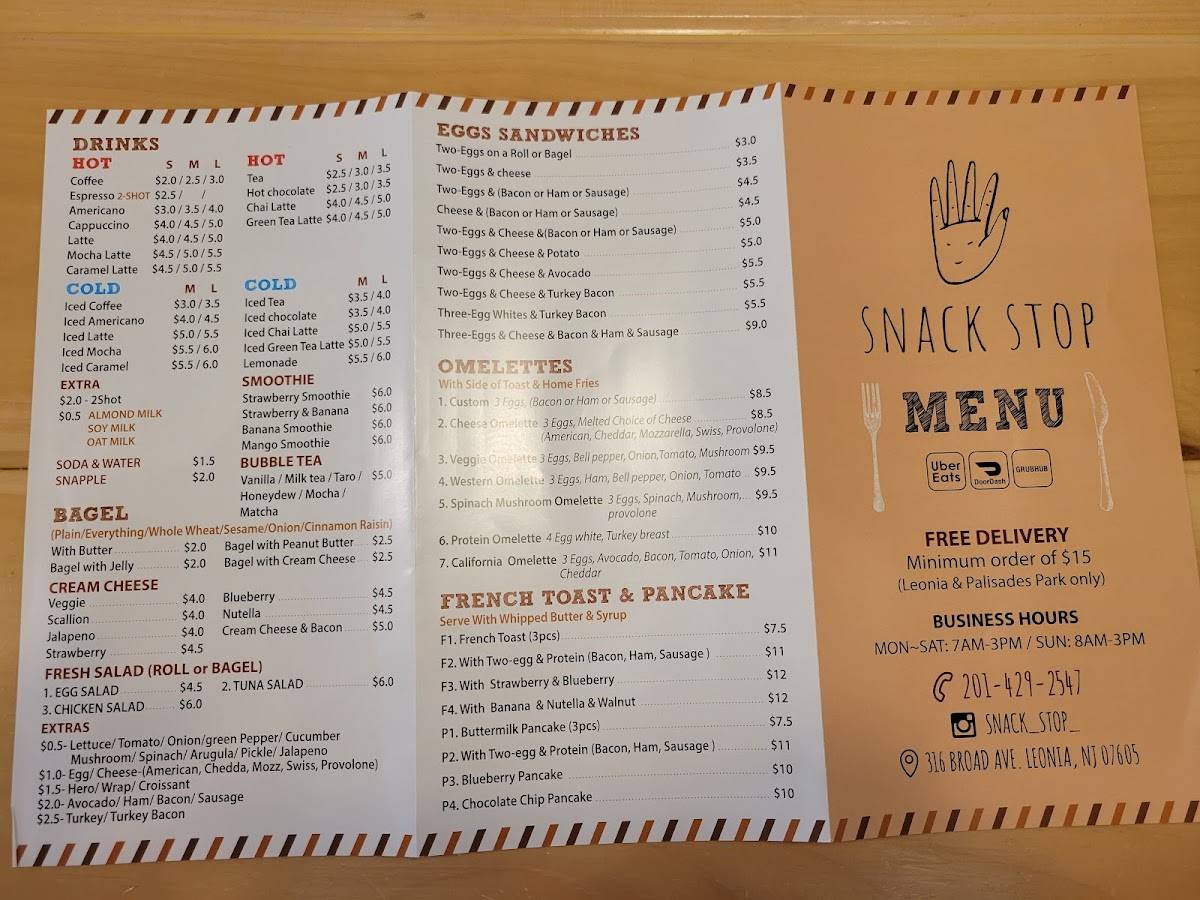 Menu at SNACK STOP cafe, Leonia