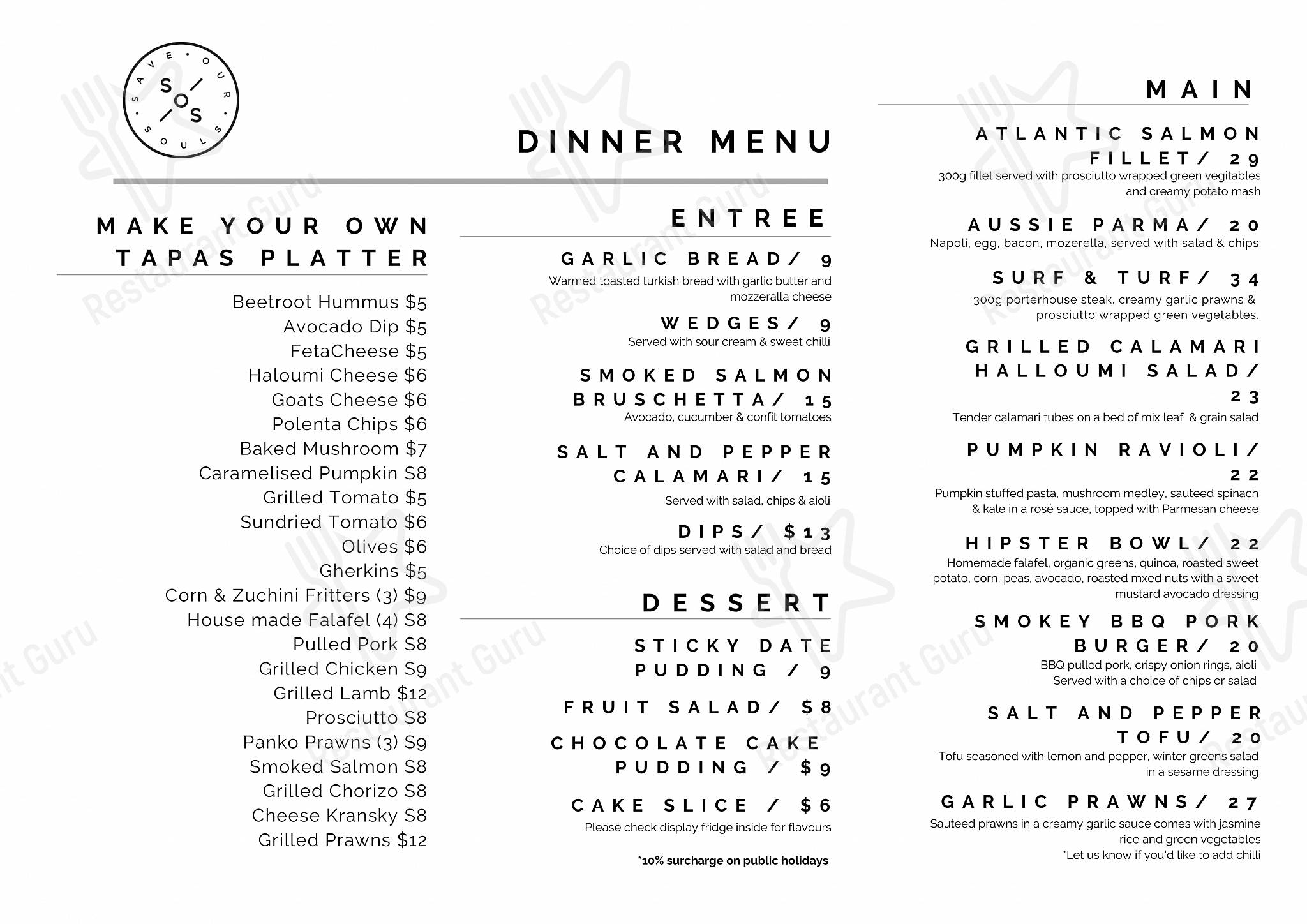 Menu at SOS Cafe, South Yarra