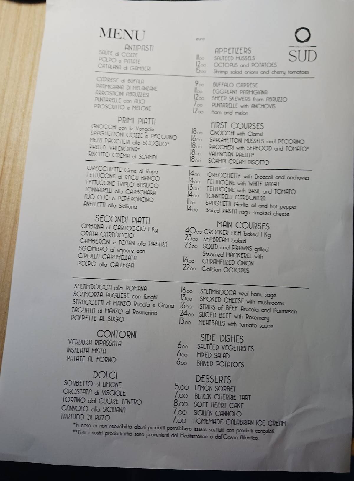 Carta del restaurante SUD Vino & Cucina, Roma