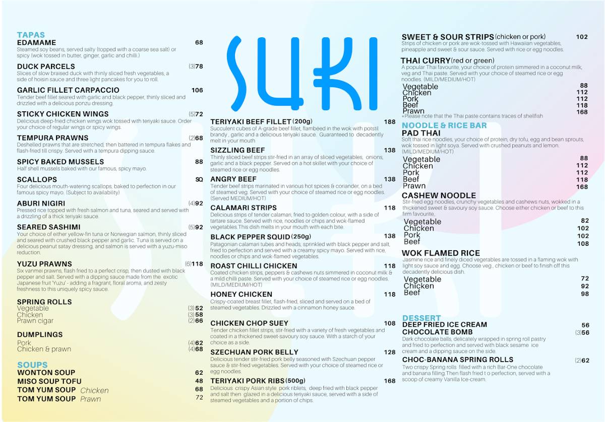 Menu at SUKI Sushi & Asian Cuisine restaurant, Port Elizabeth