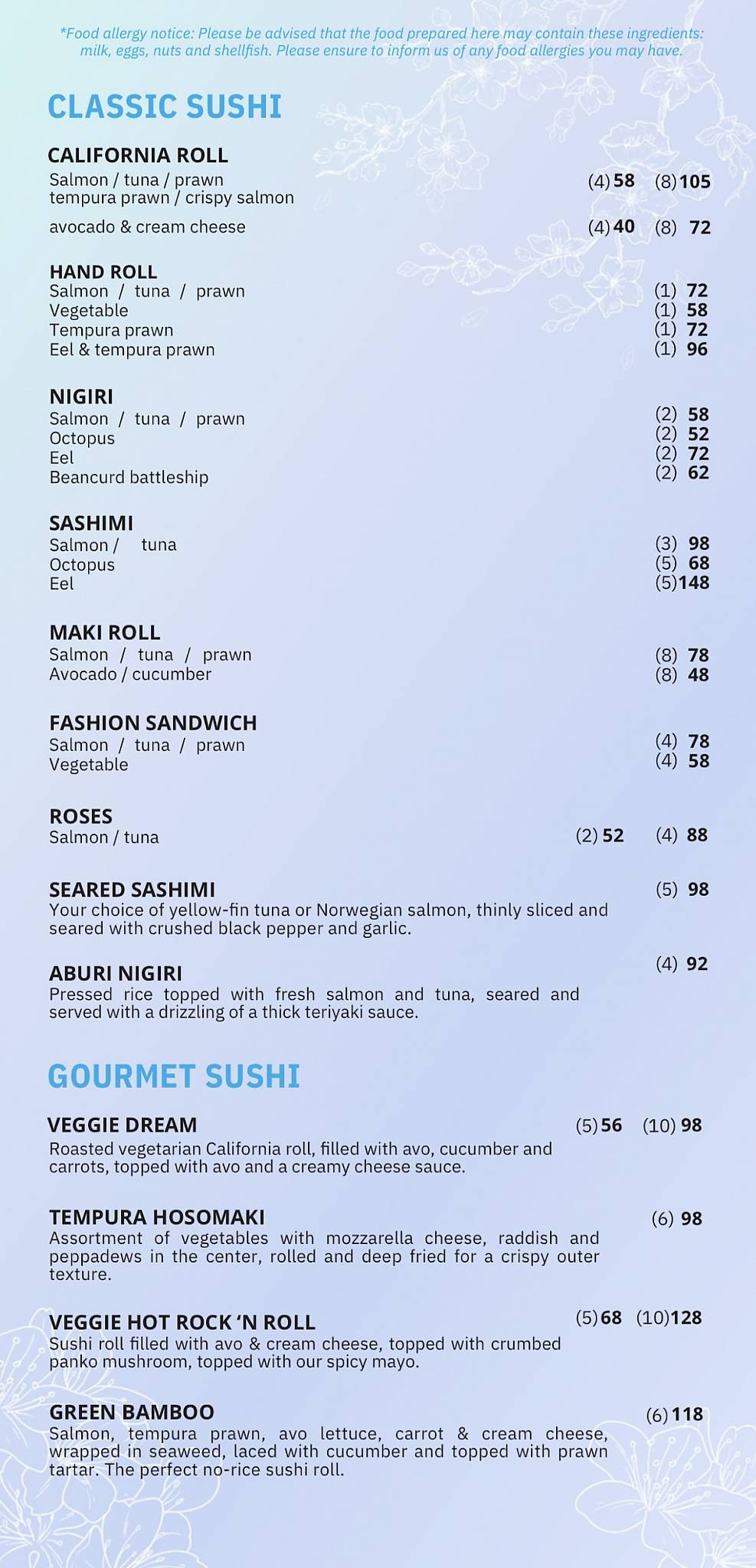 Menu at SUKI Sushi & Asian Cuisine restaurant, Port Elizabeth