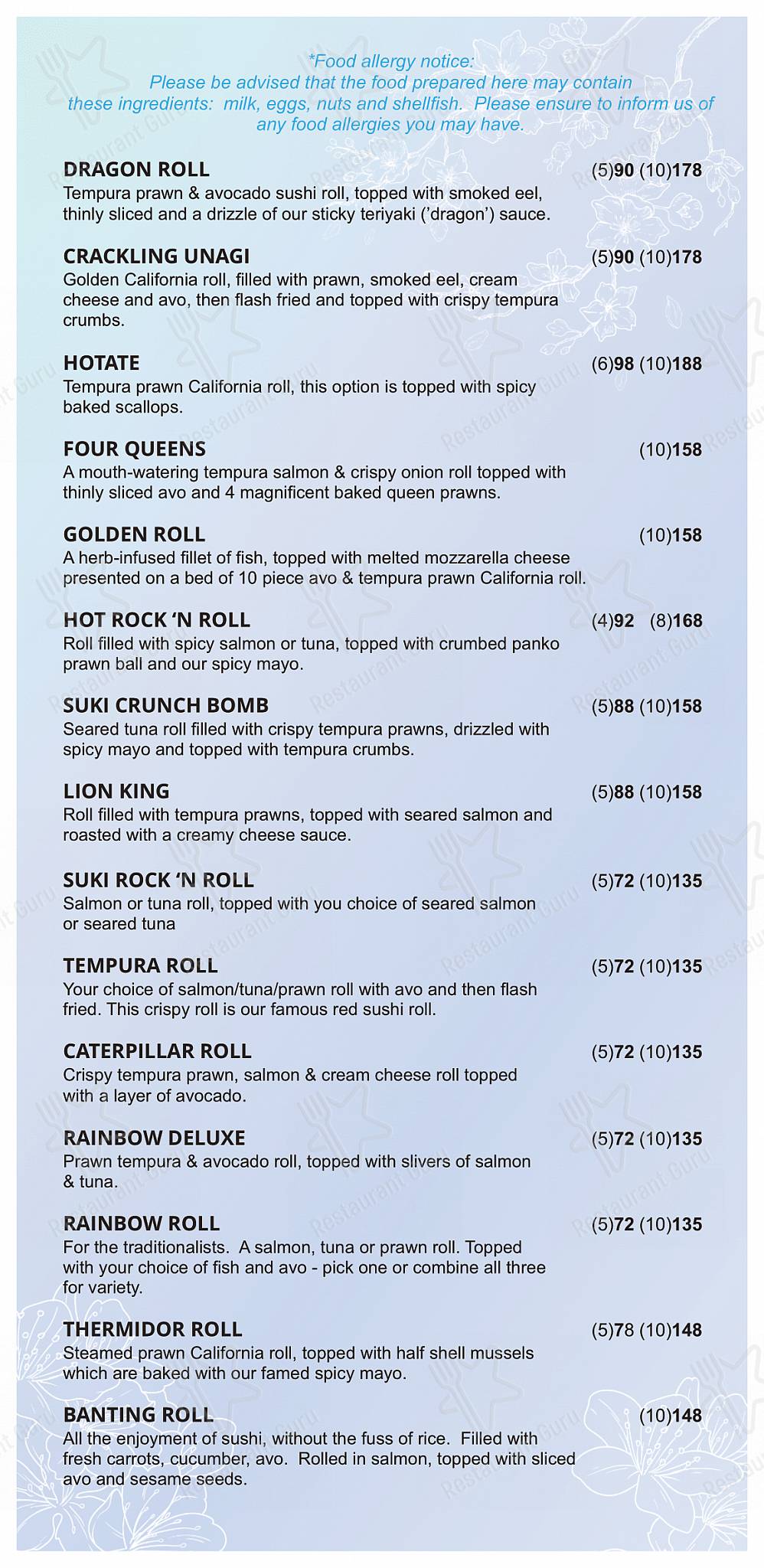 Menu at SUKI Sushi & Asian Cuisine restaurant, Port Elizabeth