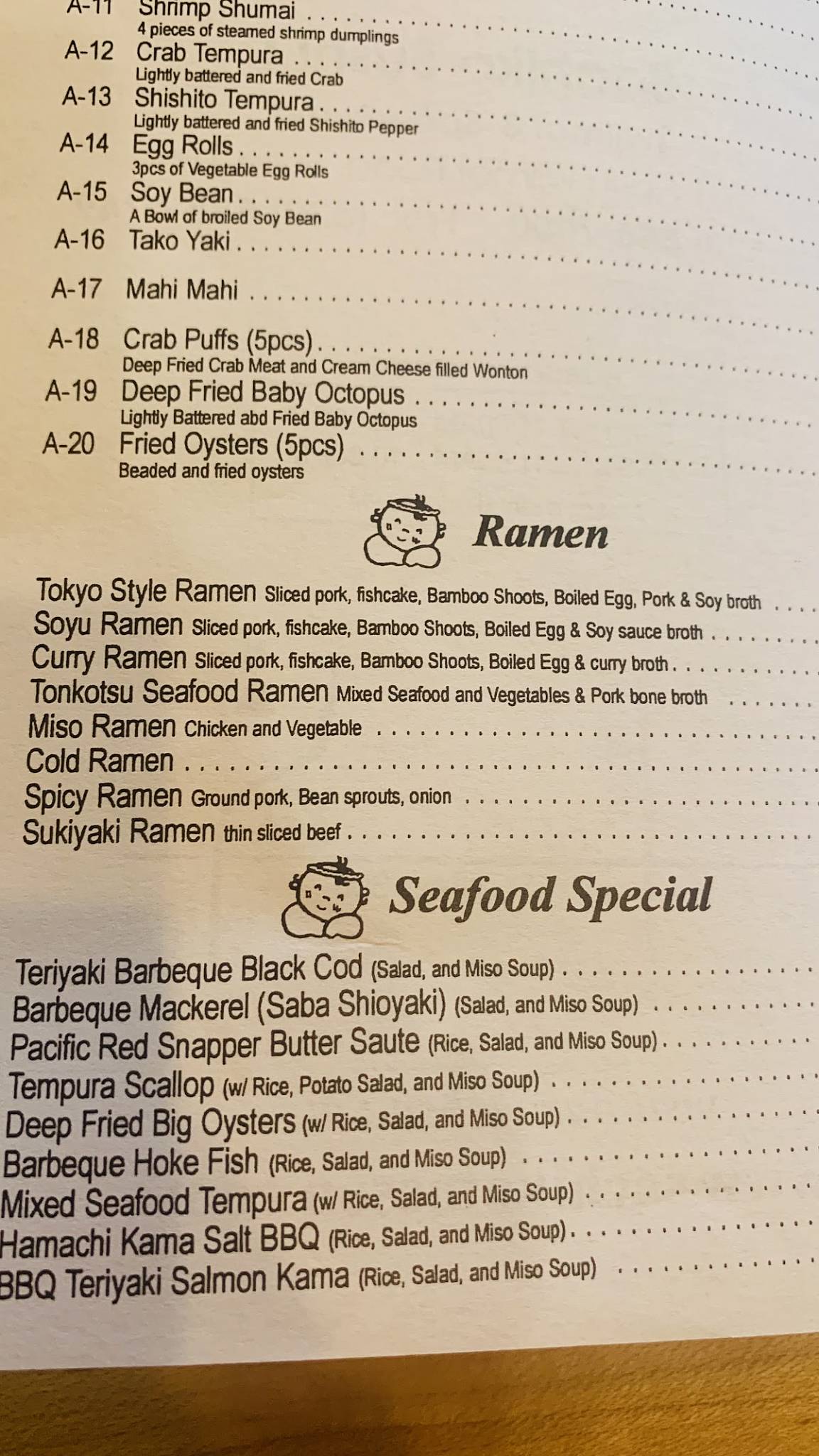 Menu at Sachiko Sushi restaurant, Tucson, N Wilmot Rd