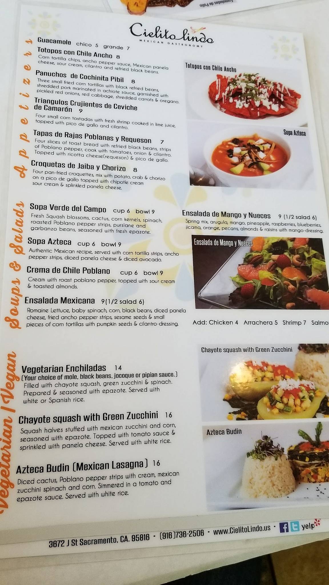 Menu at Cielito Lindo Mexican Gastronomy restaurant, Sacramento