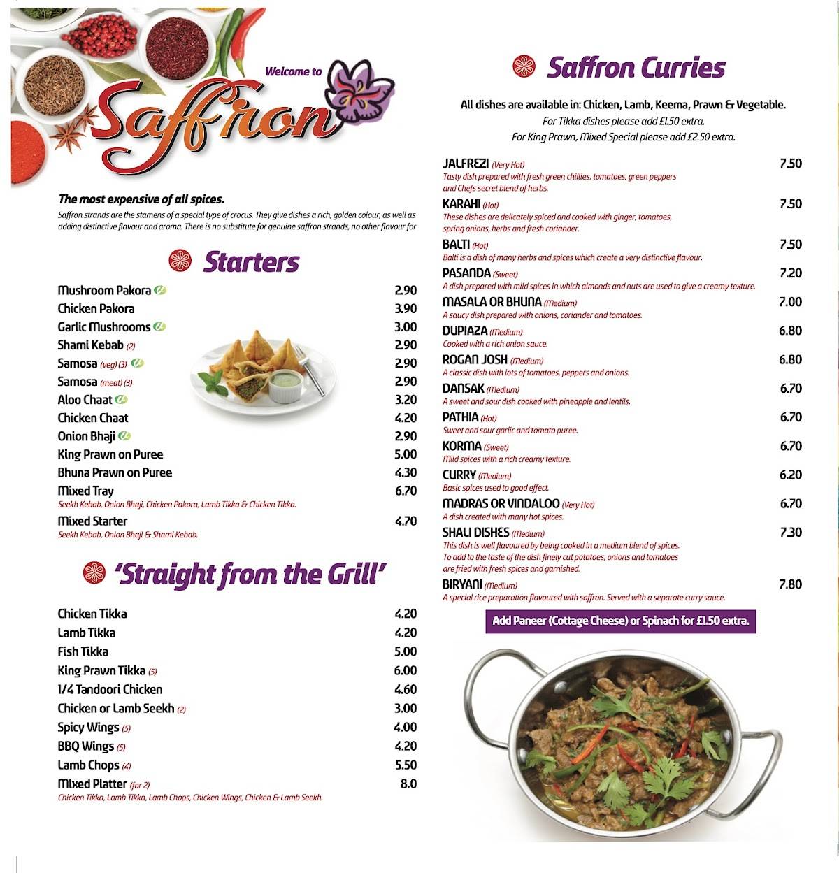 Menu at Saffron restaurant, Denby Dale