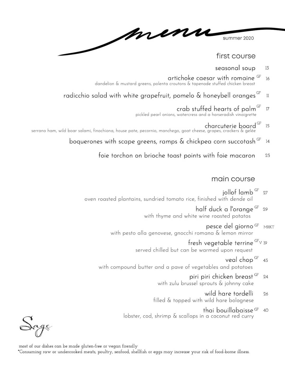 Menu at Sage restaurant, Sarasota
