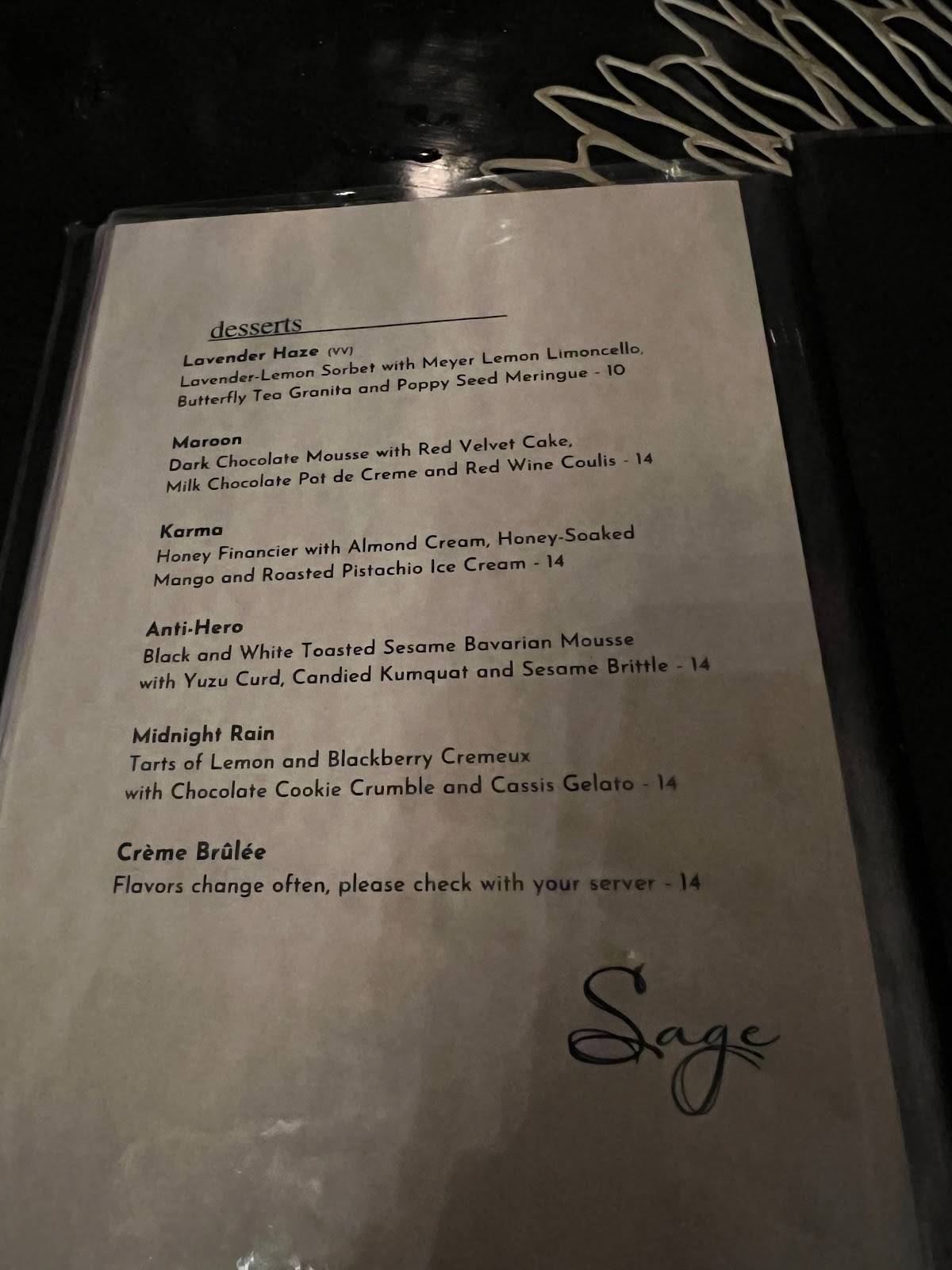 Menu at Sage restaurant, Sarasota