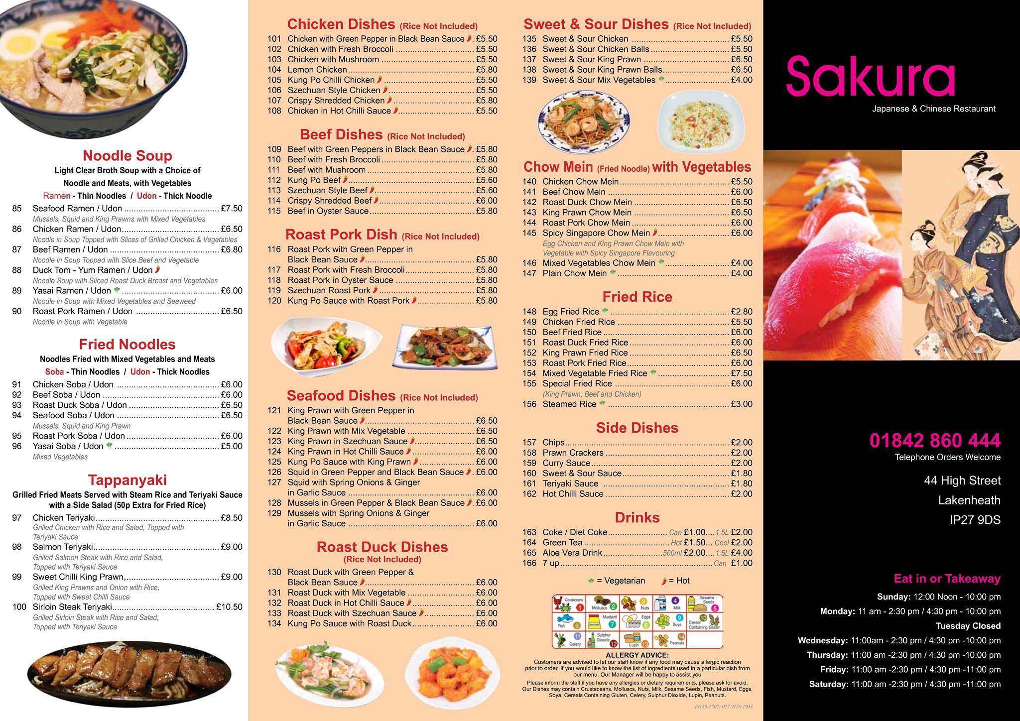 Menu at Sakura restaurant, Brandon