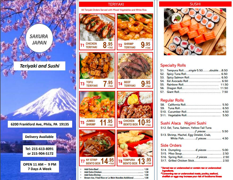 Menu at Sakura Japan （Frankford Ave) restaurant, Philadelphia