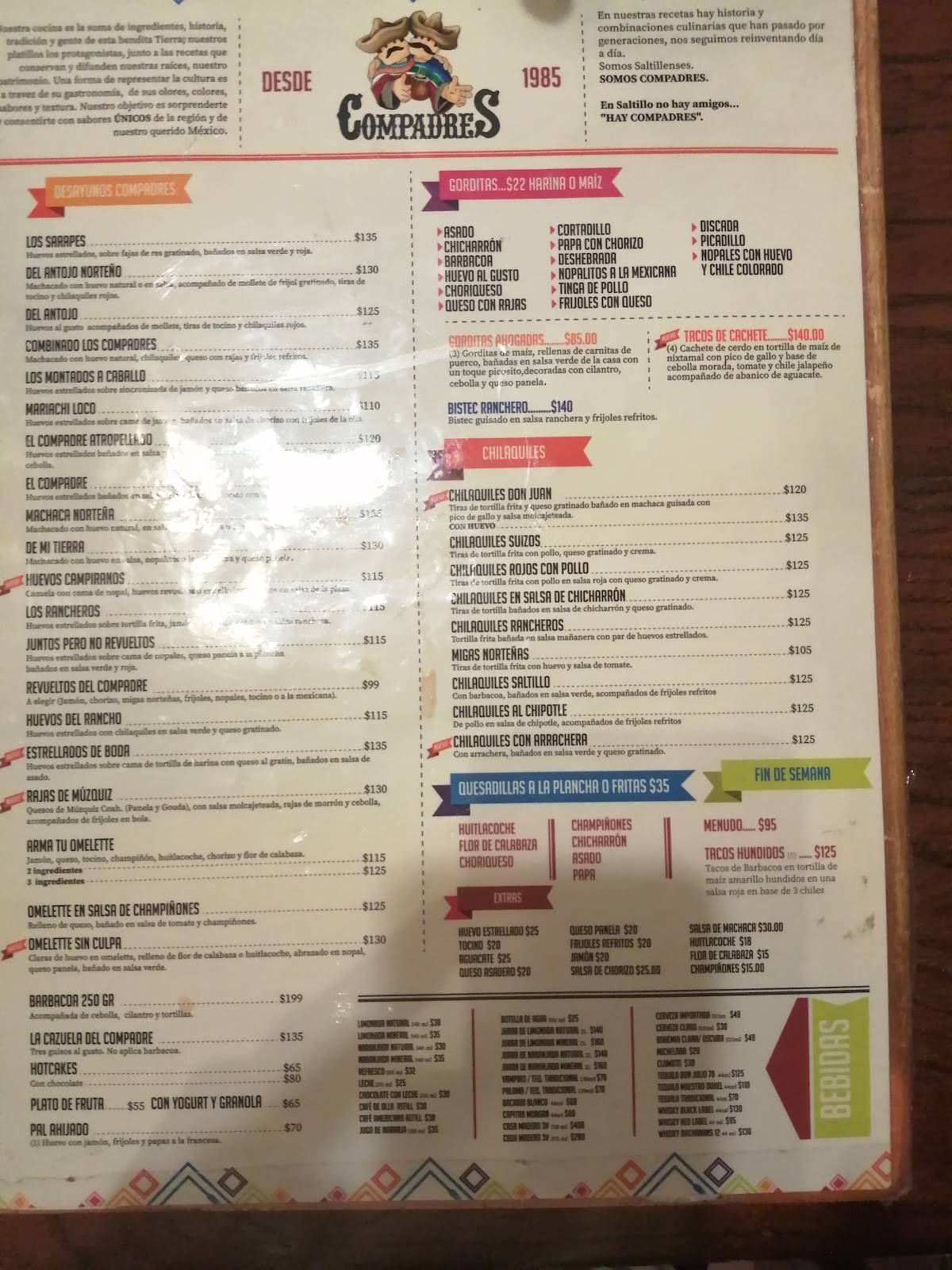Carta del restaurante Los Compadres, Saltillo, Lic. Benito Juárez 463