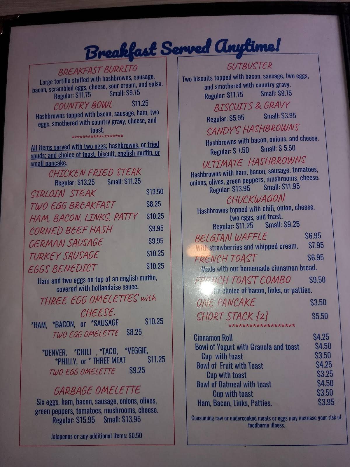 Menu at Sam's Restaurant, Kellogg
