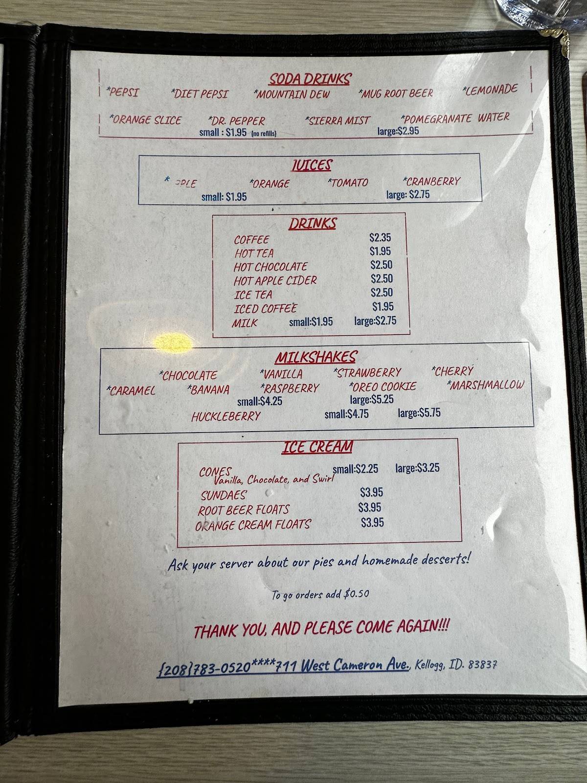 Menu at Sam's Restaurant, Kellogg