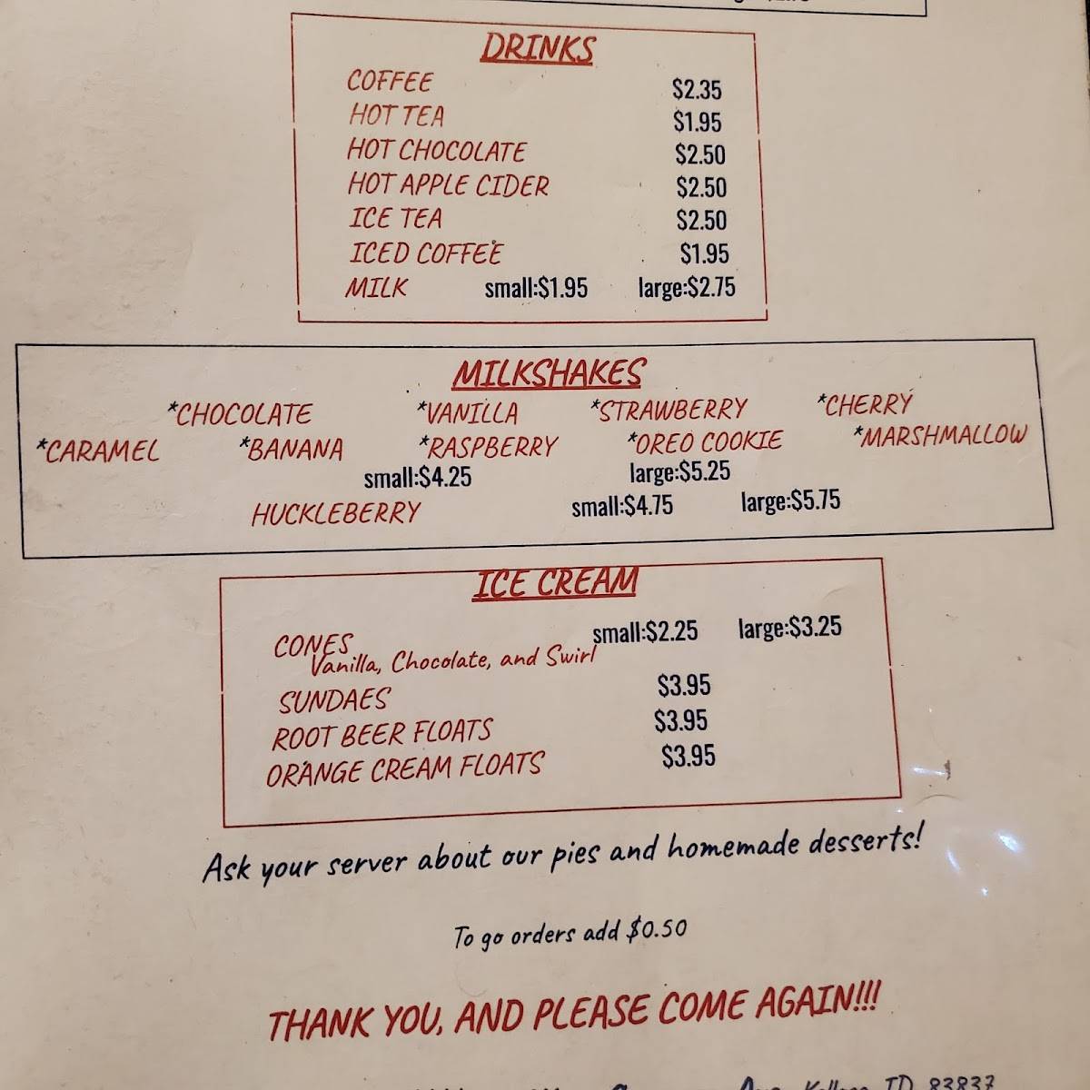 Menu at Sam's Restaurant, Kellogg