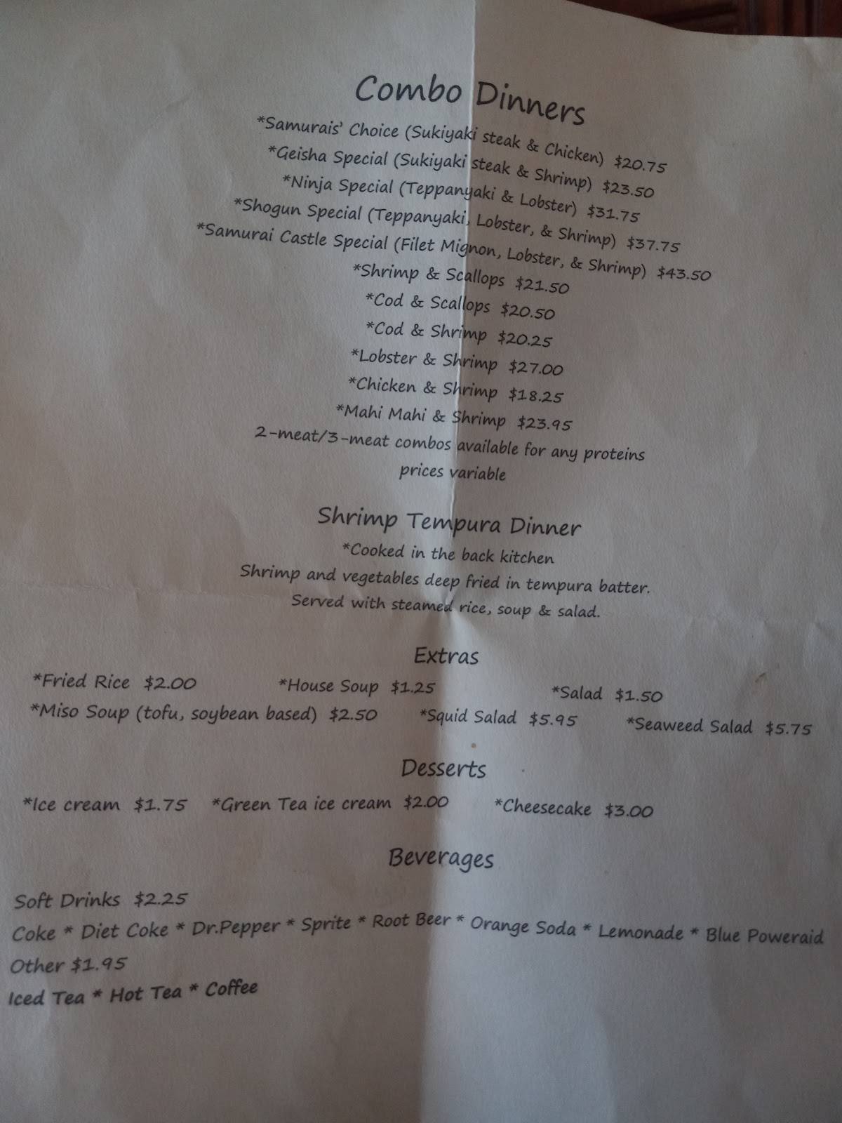 Menu at Samurai of Tokyo restaurant, Wichita Falls