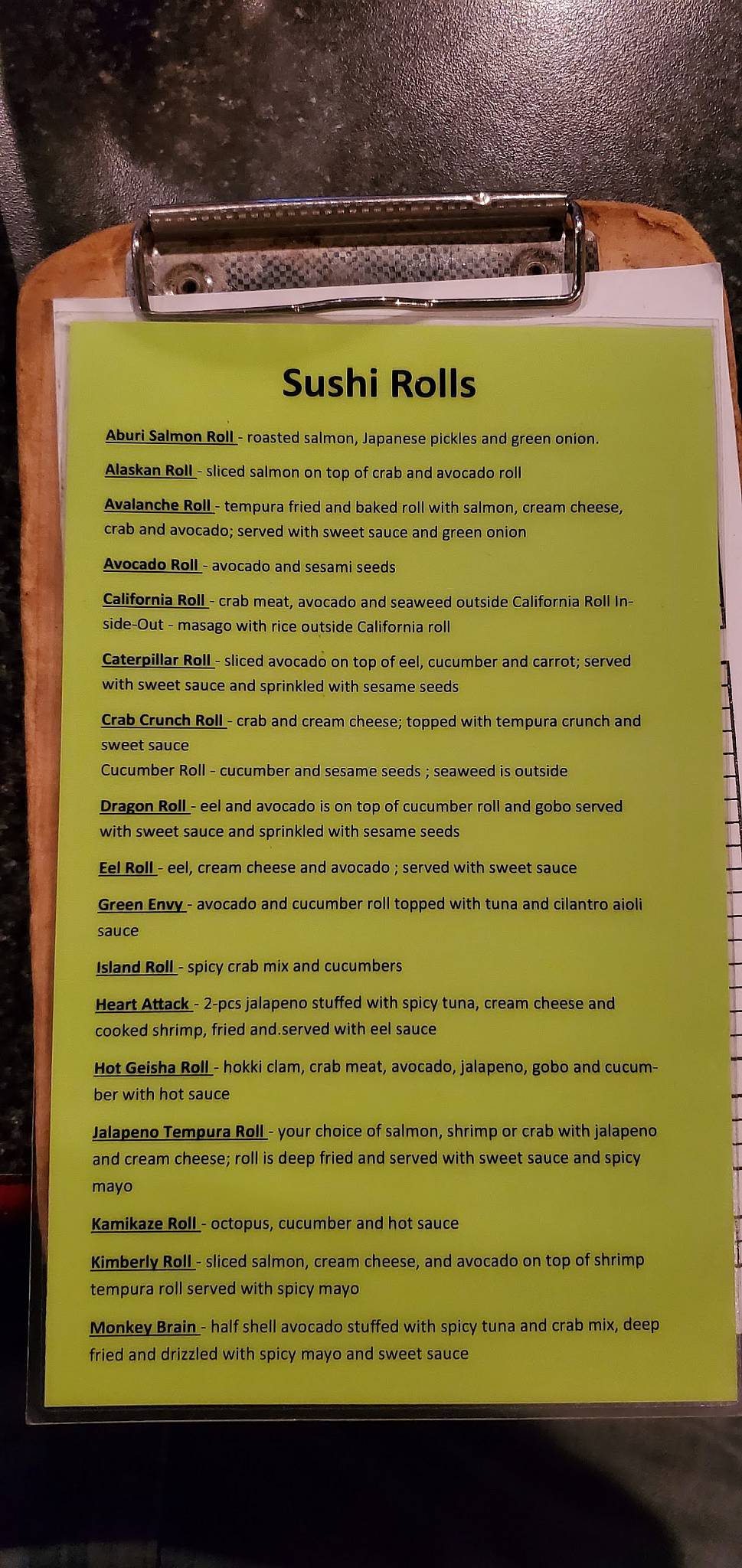 Menu at Samurai of Tokyo restaurant, Wichita Falls