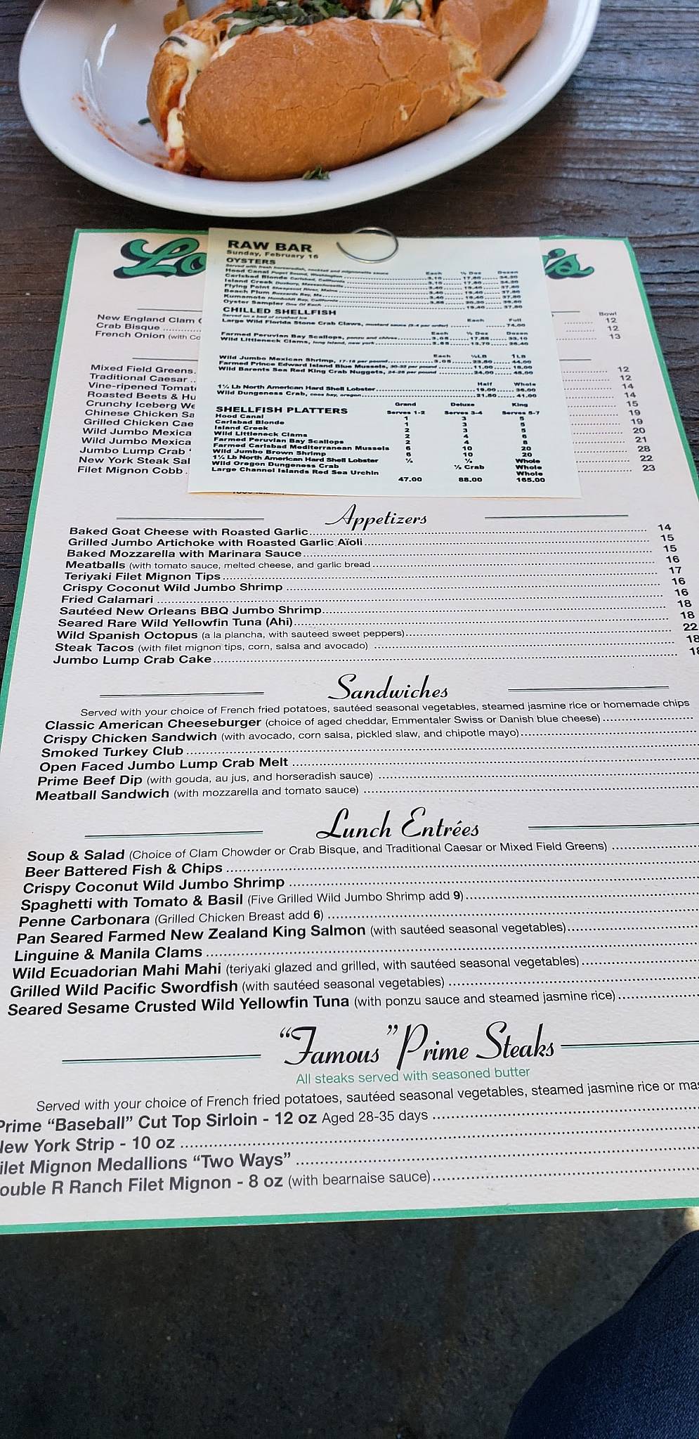 Menu at Lou & Mickey's steakhouse, San Diego