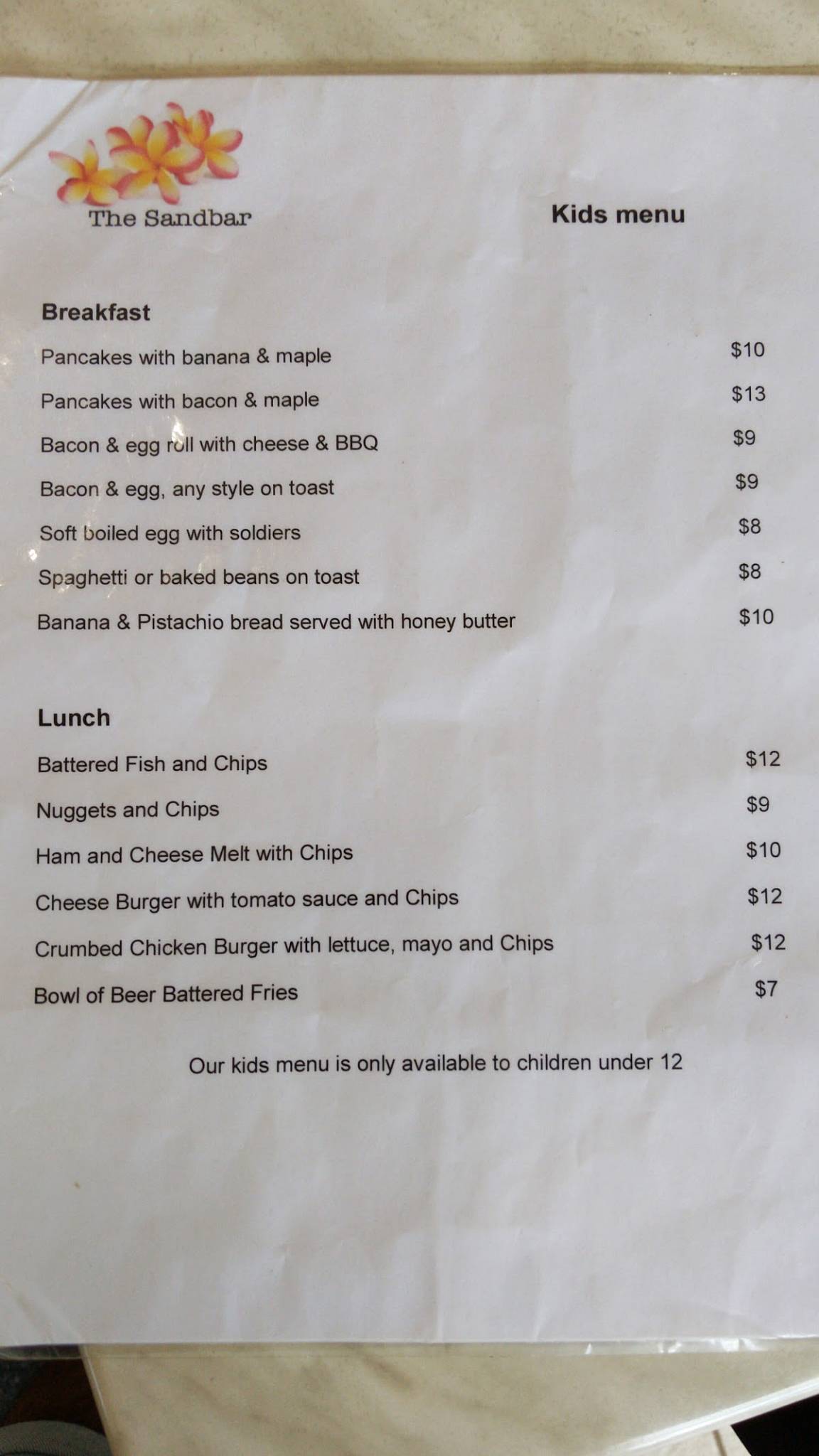 Menu at Sandbar Cafe Restaurant, North Haven