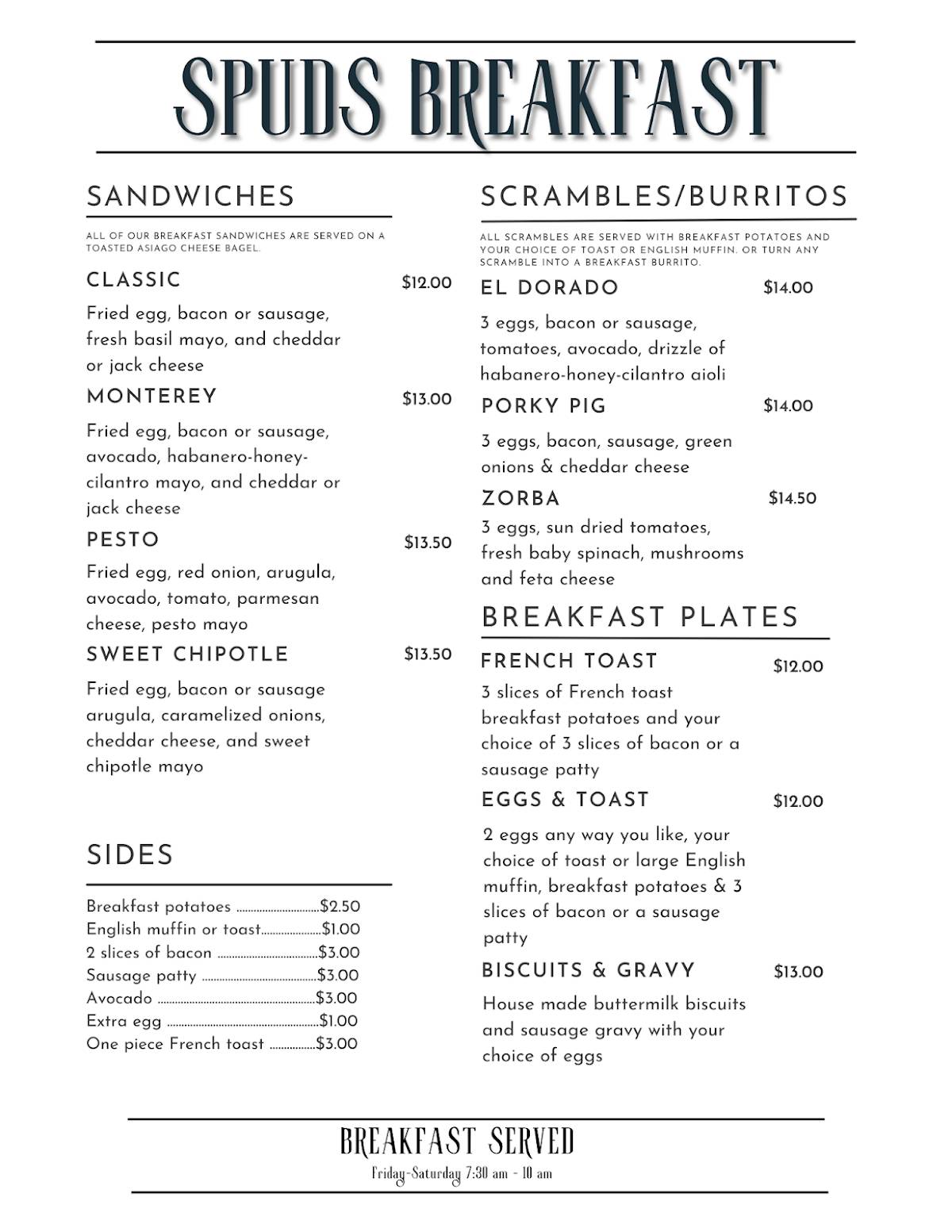 Menu at Spuds Waterfront Grill restaurant, Sandpoint