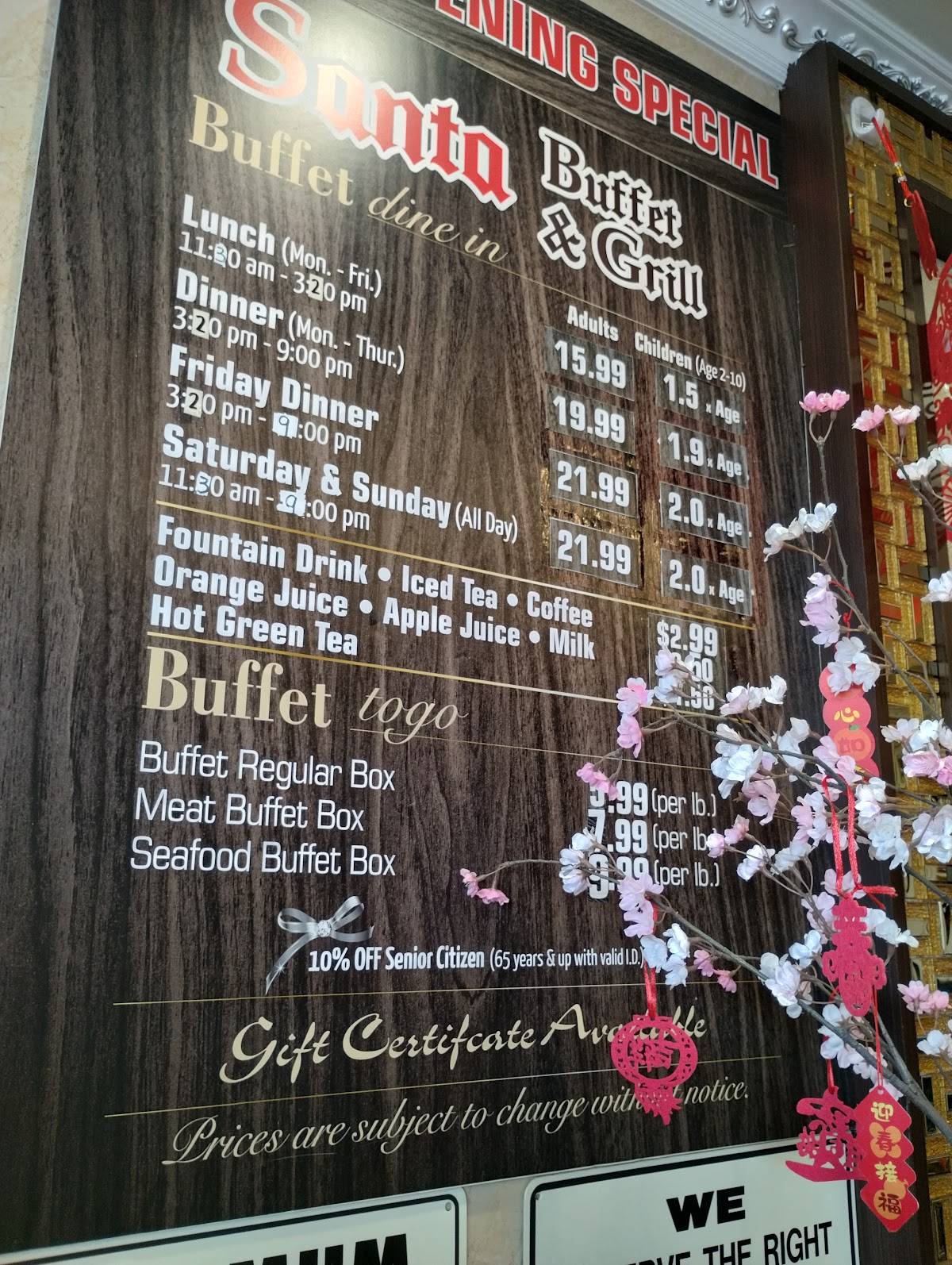 Menu at Santa Buffet & Grill restaurant, Santa Ana