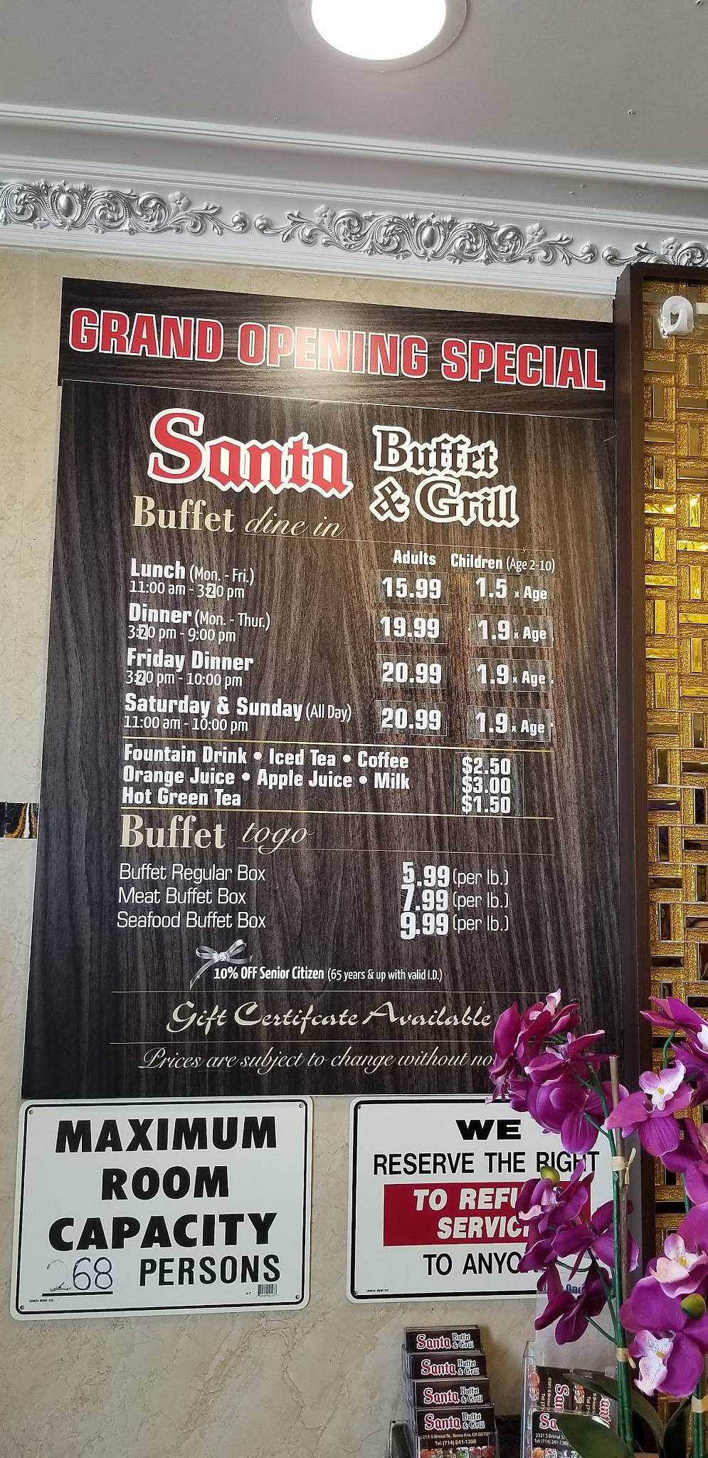 Menu at Santa Buffet & Grill restaurant, Santa Ana