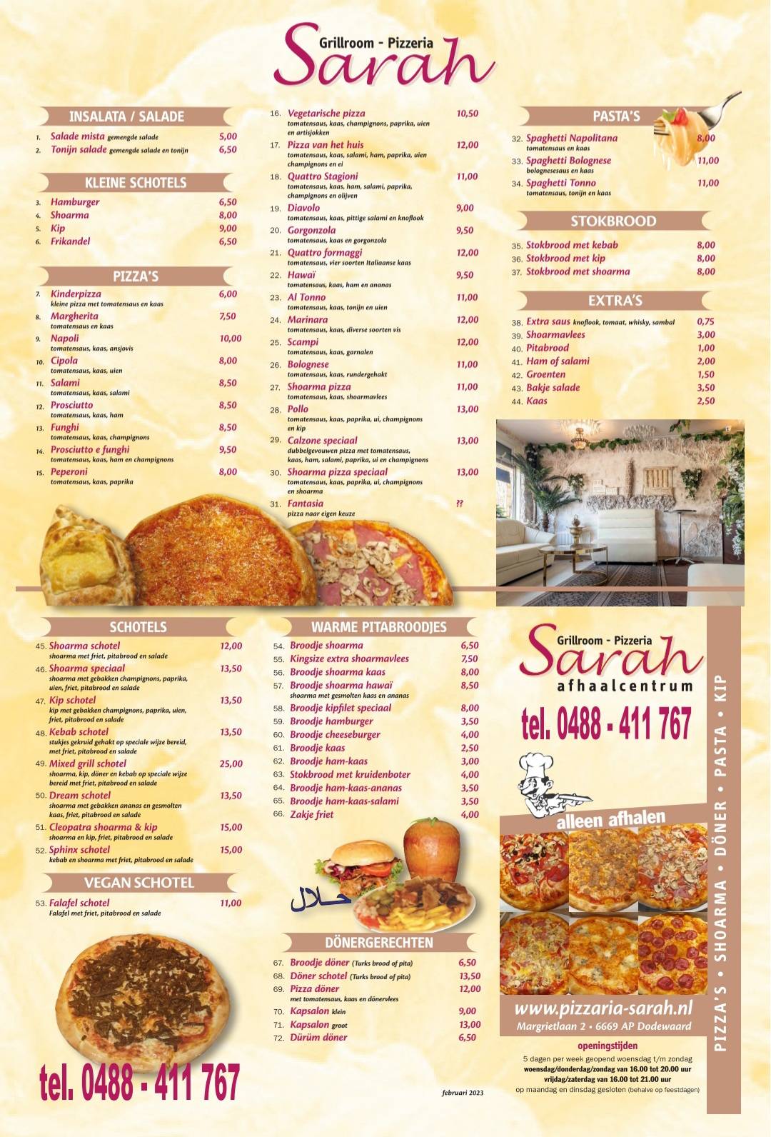 Menu at Sarah Afhaalcentrum Shoarma-Pizza's, Dodewaard