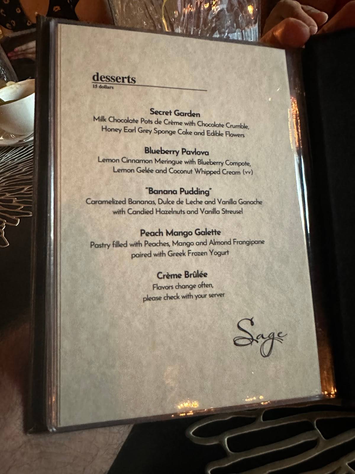 Menu at Sage restaurant, Sarasota