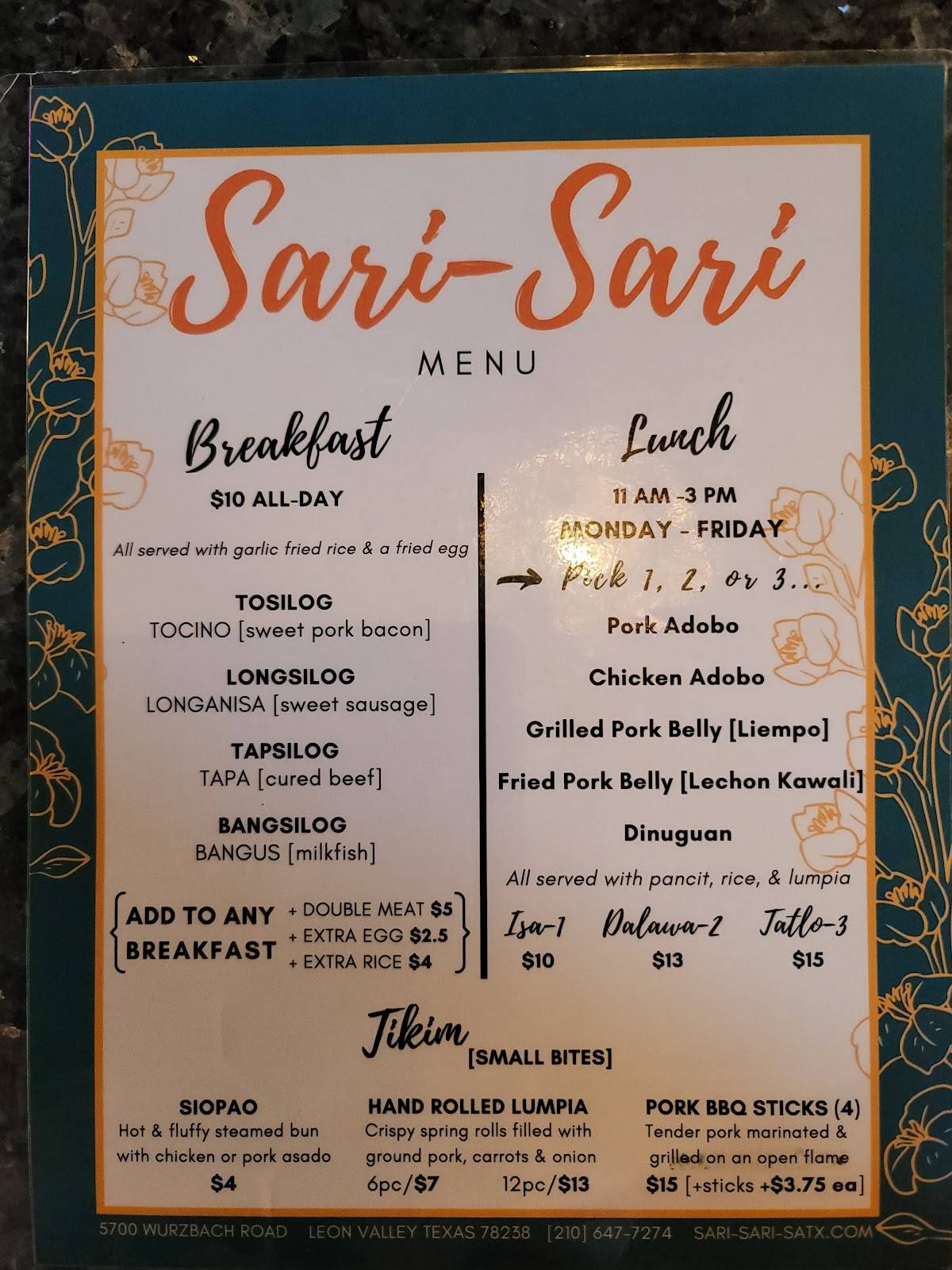 Menu at Sari-Sari Filipino Restaurant, Market, & Bakery, San Antonio