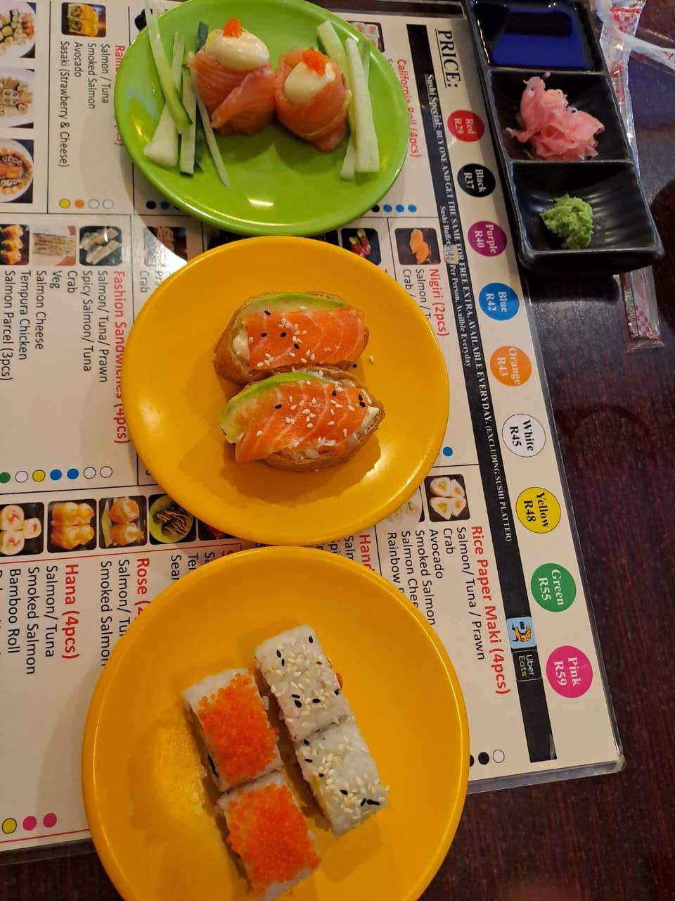 Menu at Sasaki Sushi restaurant, Pretoria, Atterbury Rd