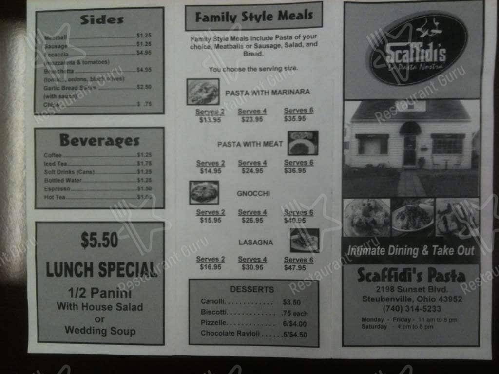 Menu at Scaffidi's Restaurant & Tavern, Steubenville