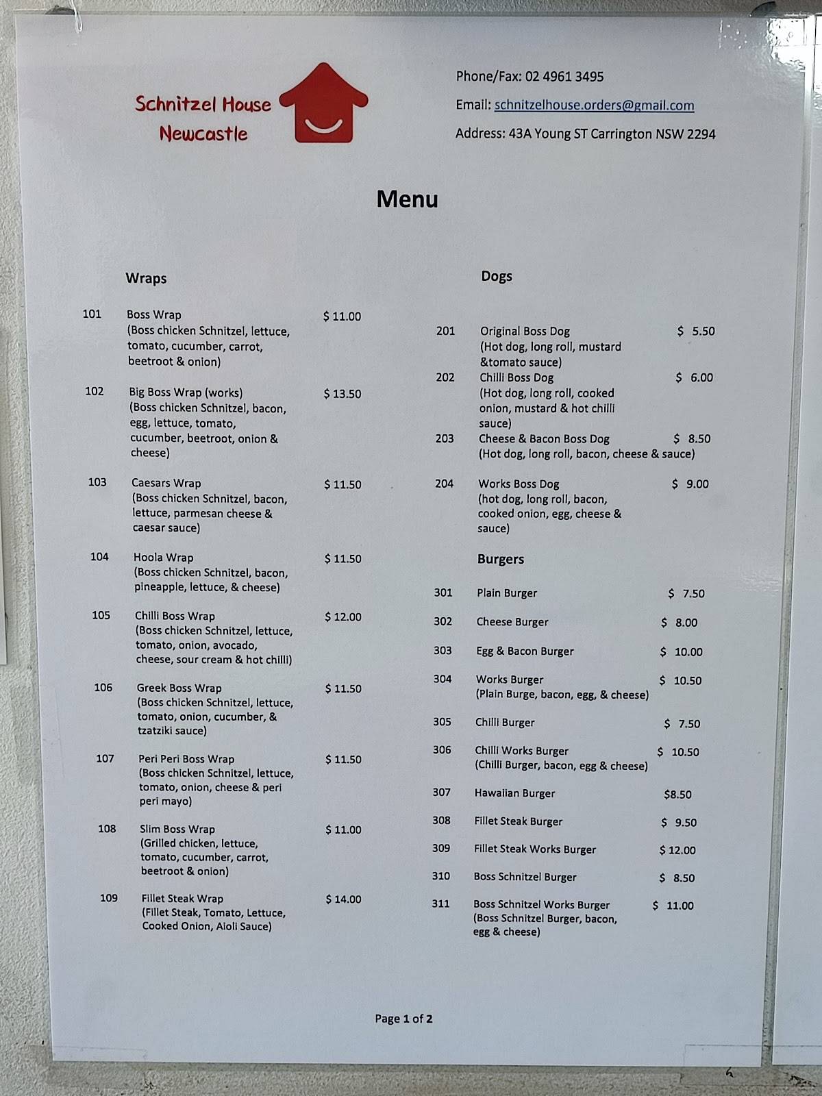 Menu at Schnitzel House Newcastle fast food, Carrington