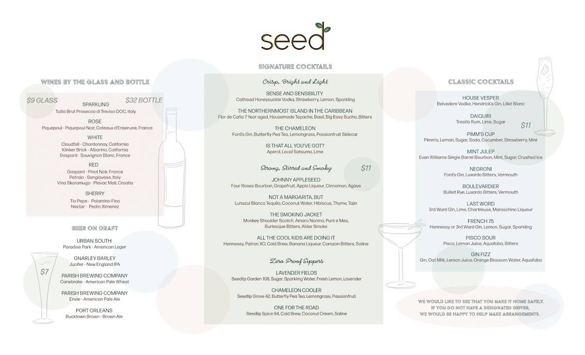 Menu at Seed restaurant, New Orleans, Prytania St
