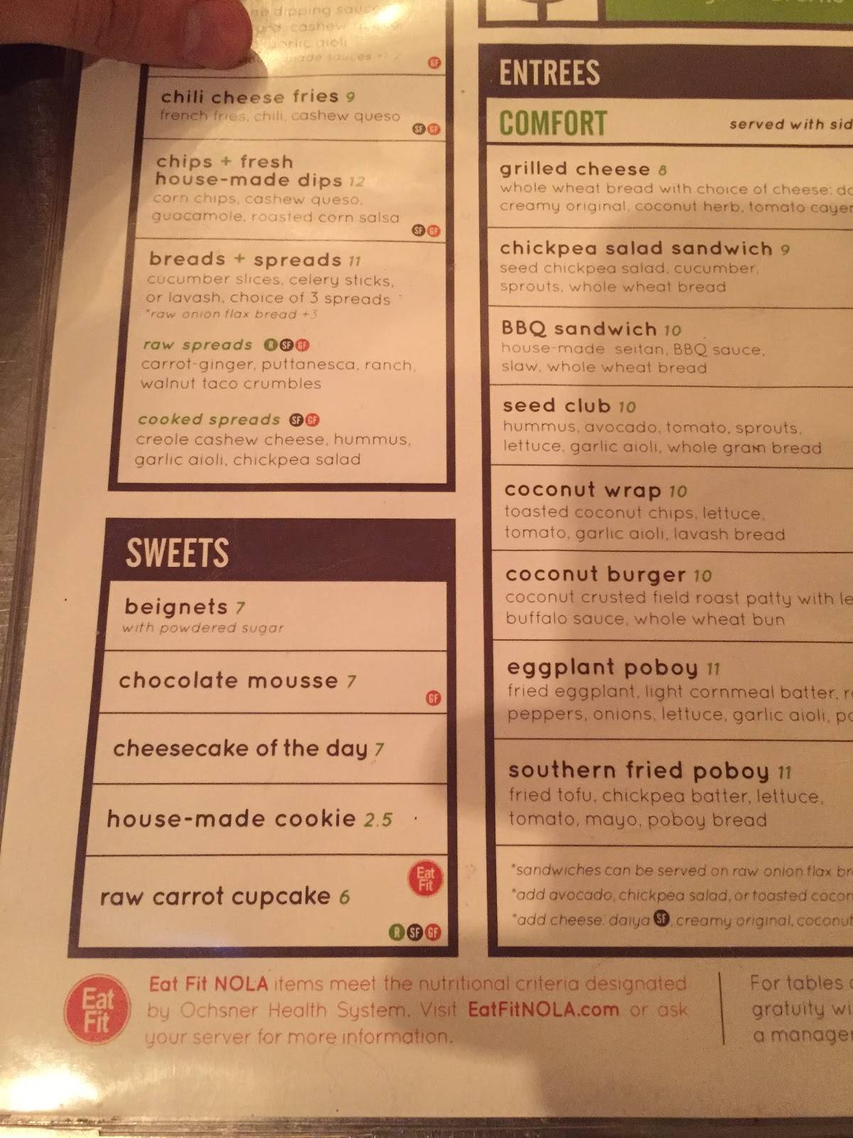 Menu at Seed restaurant, New Orleans, Prytania St